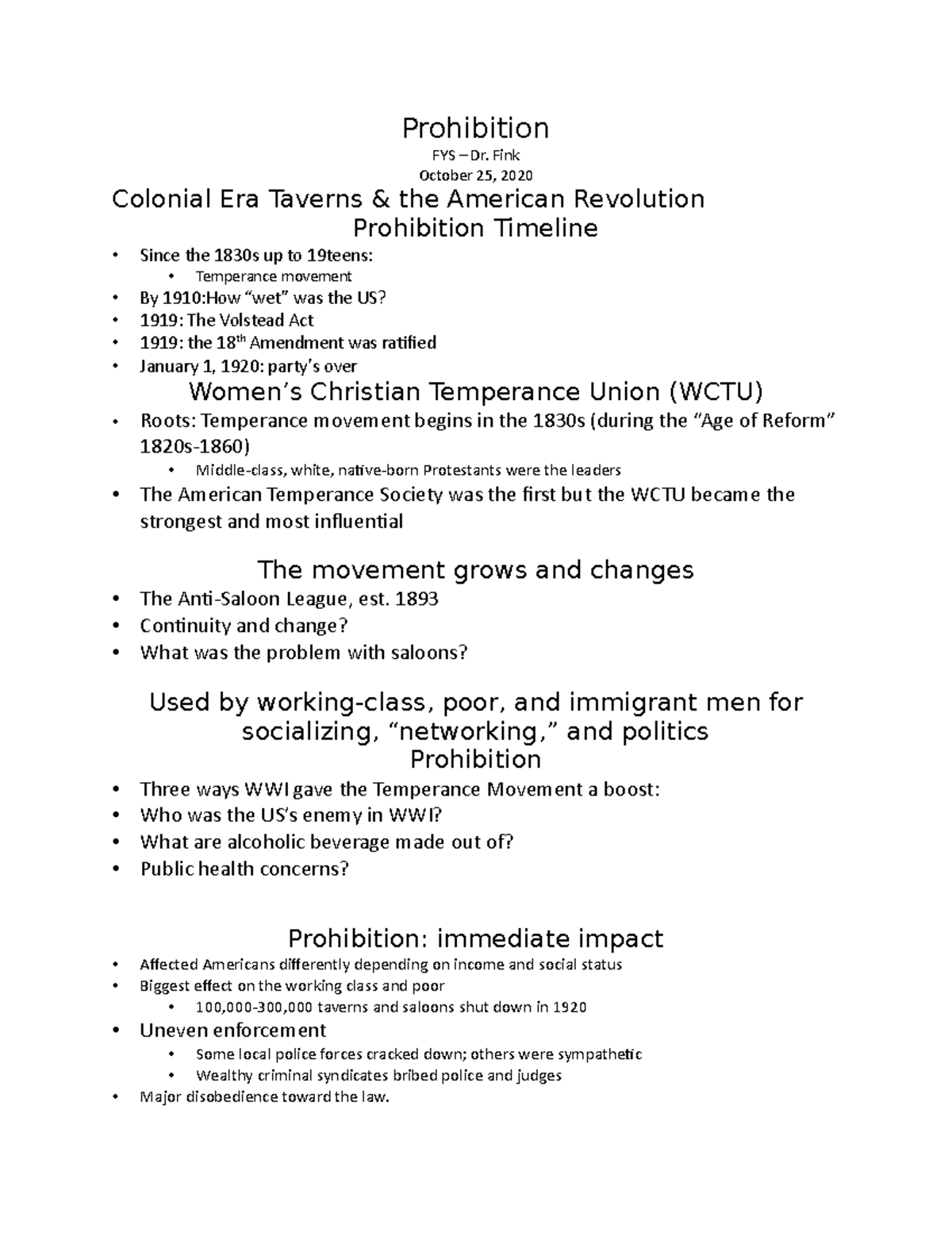 Prohibition - Prohibition FYS – Dr. Fink October 25, 2020 Colonial Era ...