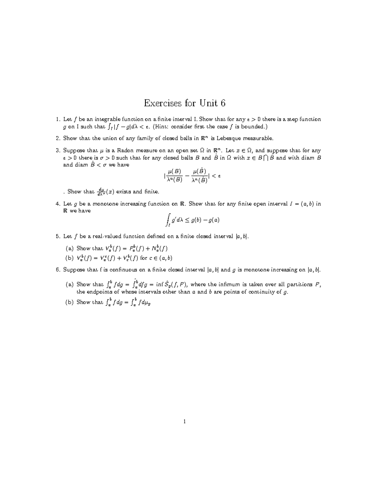105S109 CS22L01 - N.A - Exercises for Unit 6 Let f be an integrable ...