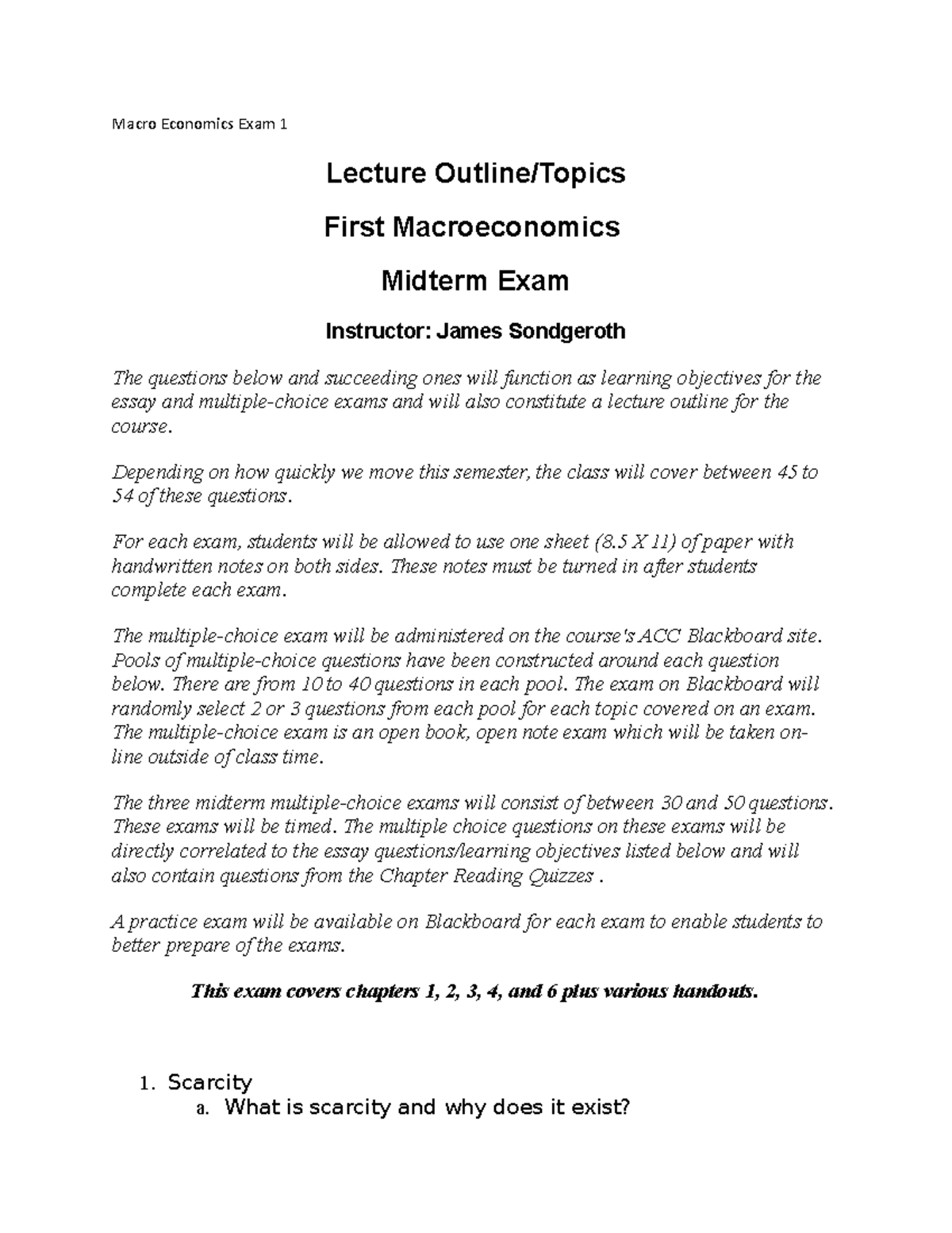 Macro Econ Exam 1 - Macro Economics Exam 1 Lecture Outline/Topics First ...