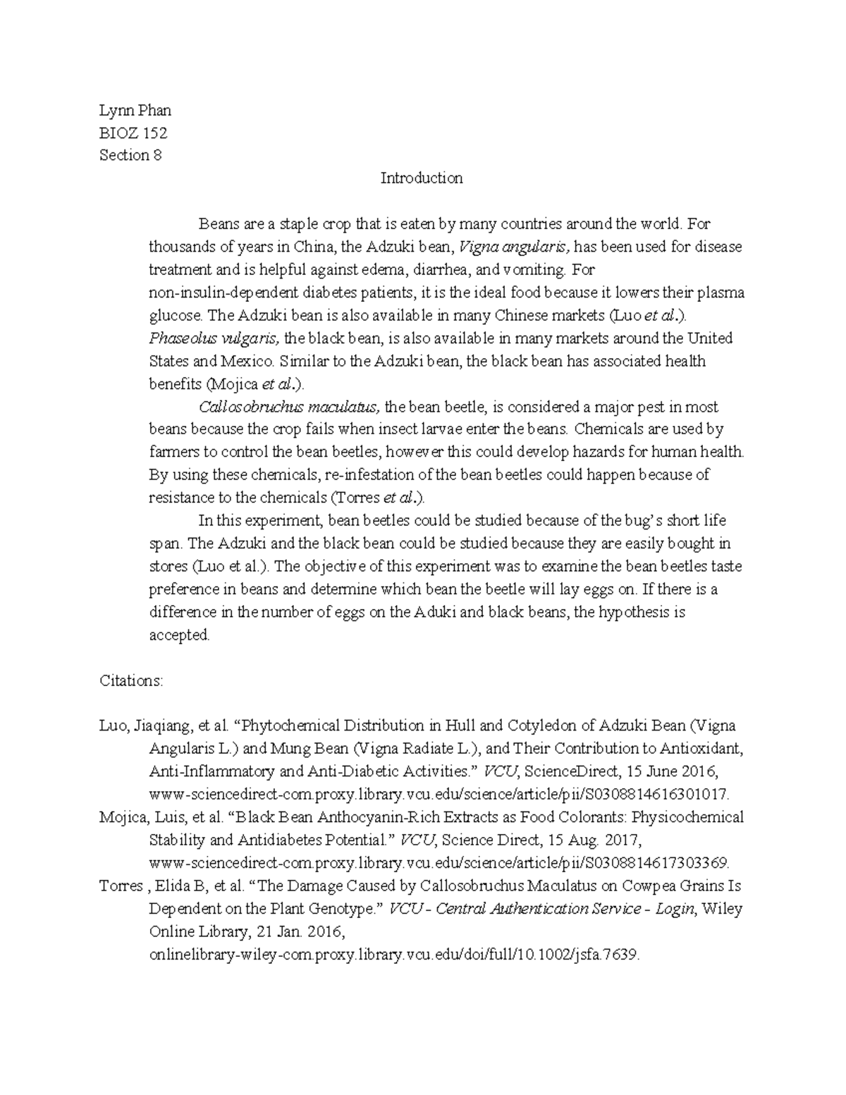 Introduction of bean beetles - Lynn Phan BIOZ 152 Section 8 ...