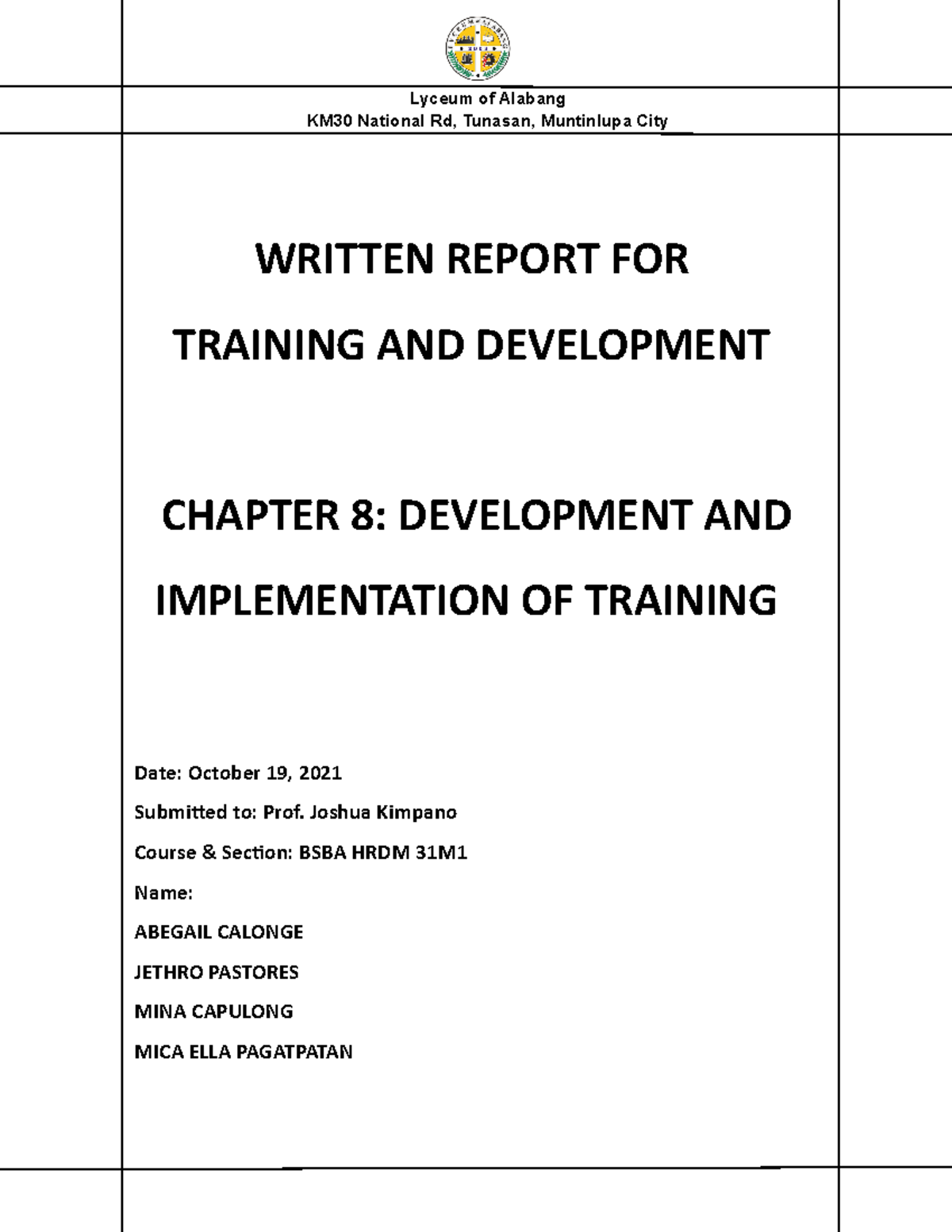 4 Written Report - Grp 7 - BSBA-HRDM 31A1 - Chapter 4 - WRITTEN REPORT ...