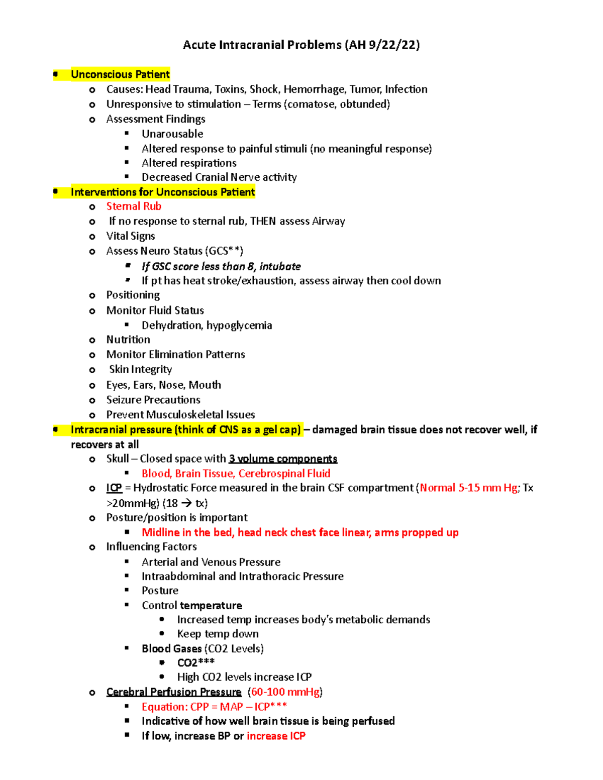 Acute Intracranial Problems Notes - Acute Intracranial Problems (AH 9 ...
