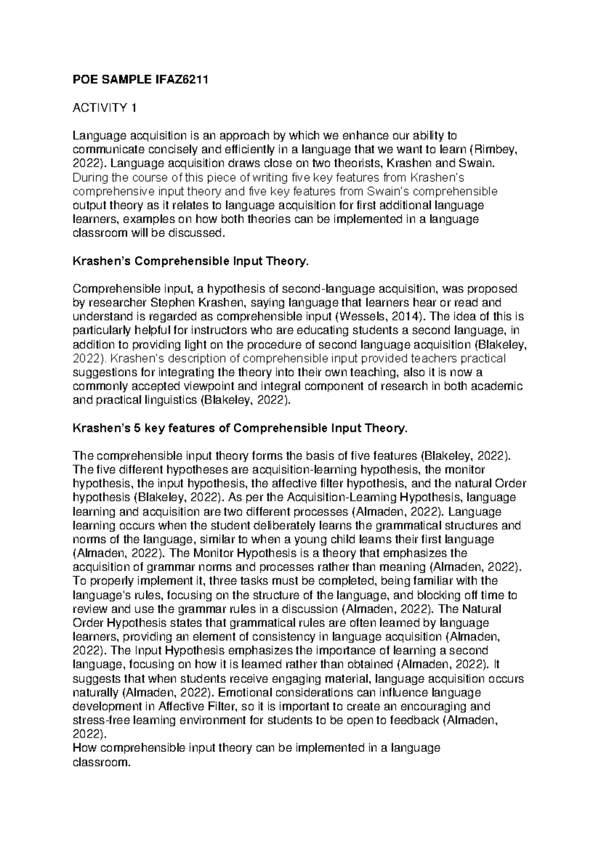 IFAZ6211 POE Sample - POE SAMPLE IFAZ 6211 ACTIVITY 1 Language ...