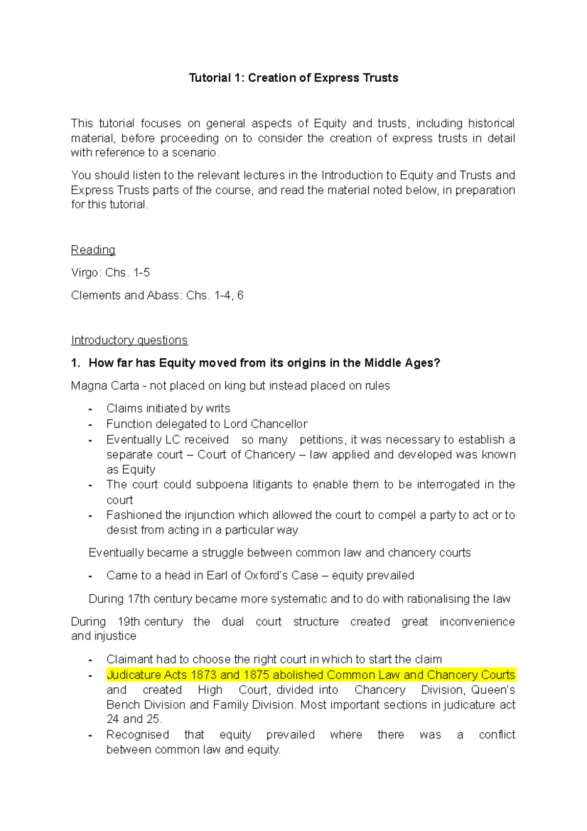 Equity and Trusts - Tutorial 1 - 2022-23 - Tutorial 1: Creation of Express Trusts This tutorial ...