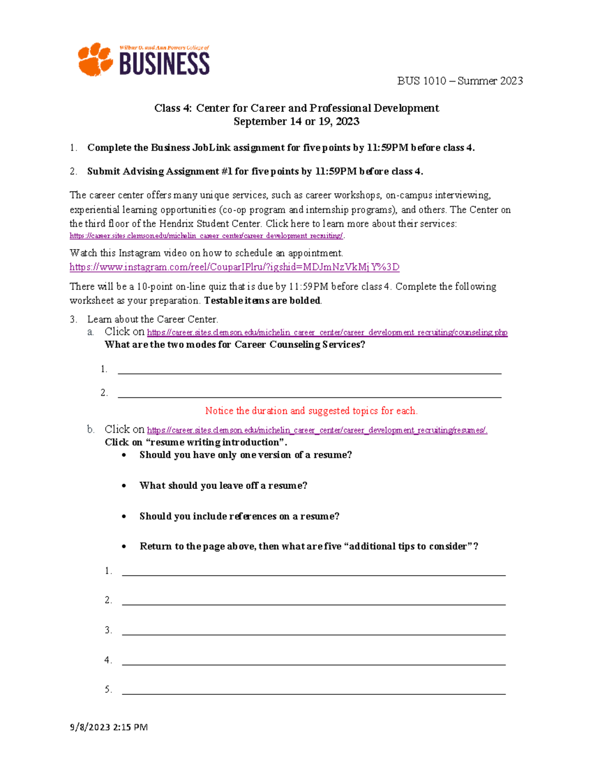Class 4 Homework Sheet (Career Center) - Fall 2023 - Class 4: Center ...