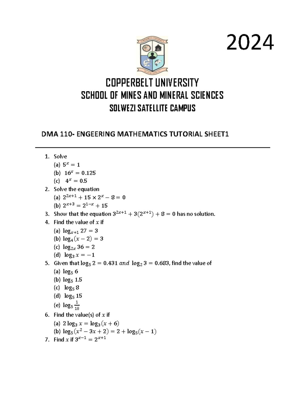 2024 DMA 110 Tutorial Sheet 1 - COPPERBELT UNIVERSITY SCHOOL OF MINES AND MINERAL SCIENCES ...