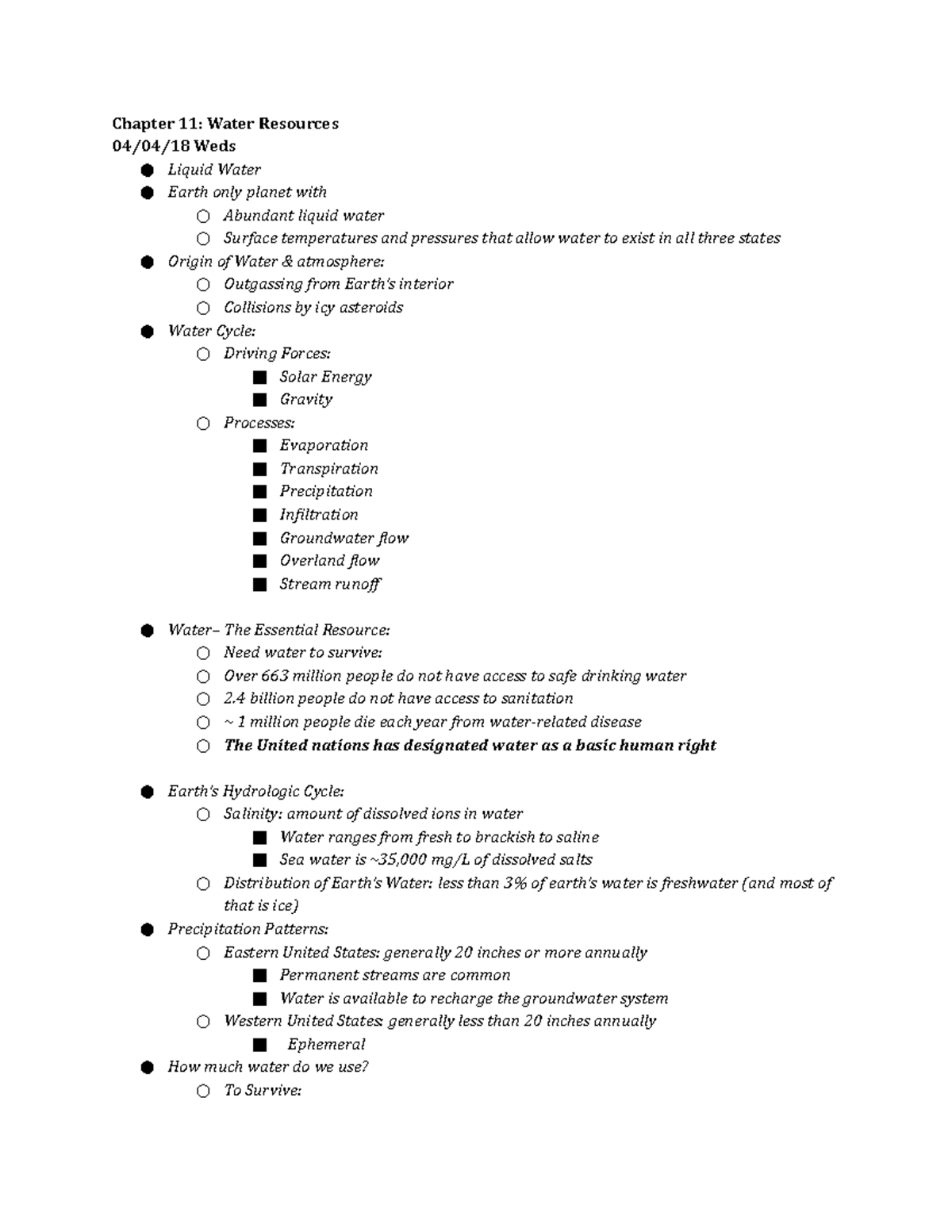 Exam 2 Chapter 11 - Dr. Maureen A. Muldoon - Chapter 11: Water ...
