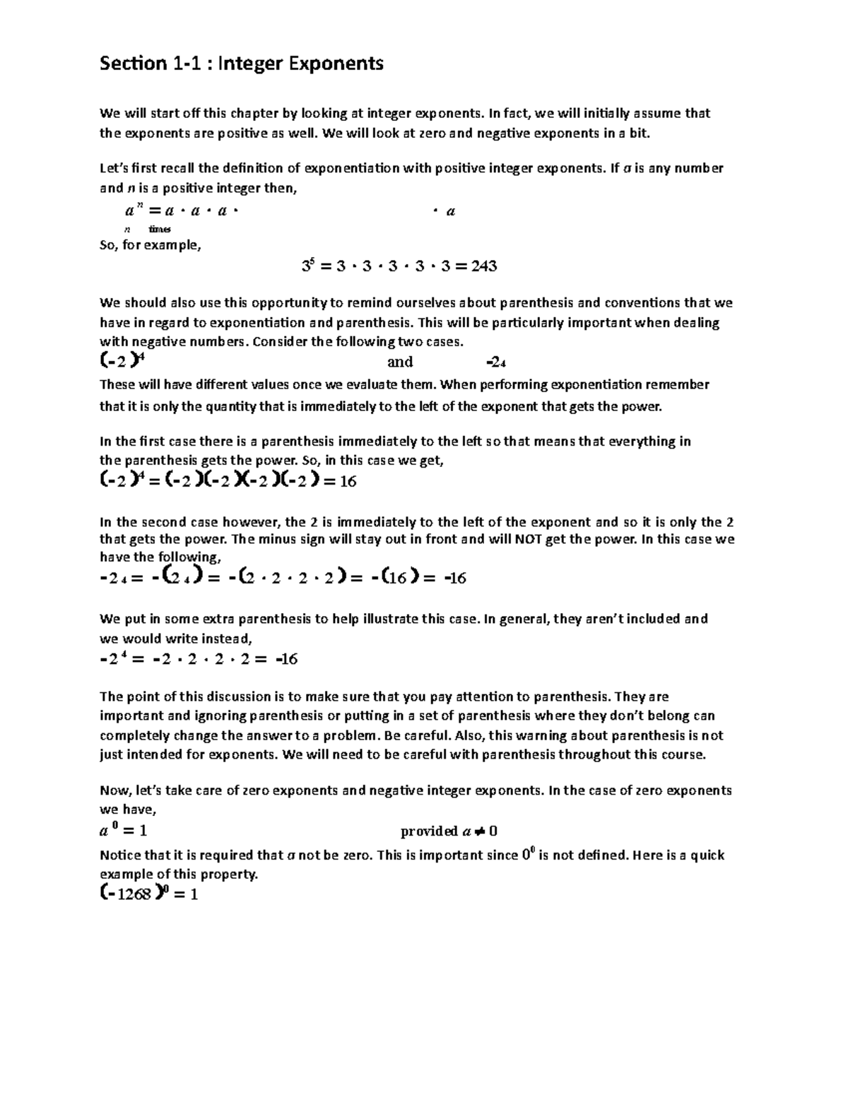 Algebra exponents - Sec琀椀on : Integer Exponents We will start o昀昀 this ...