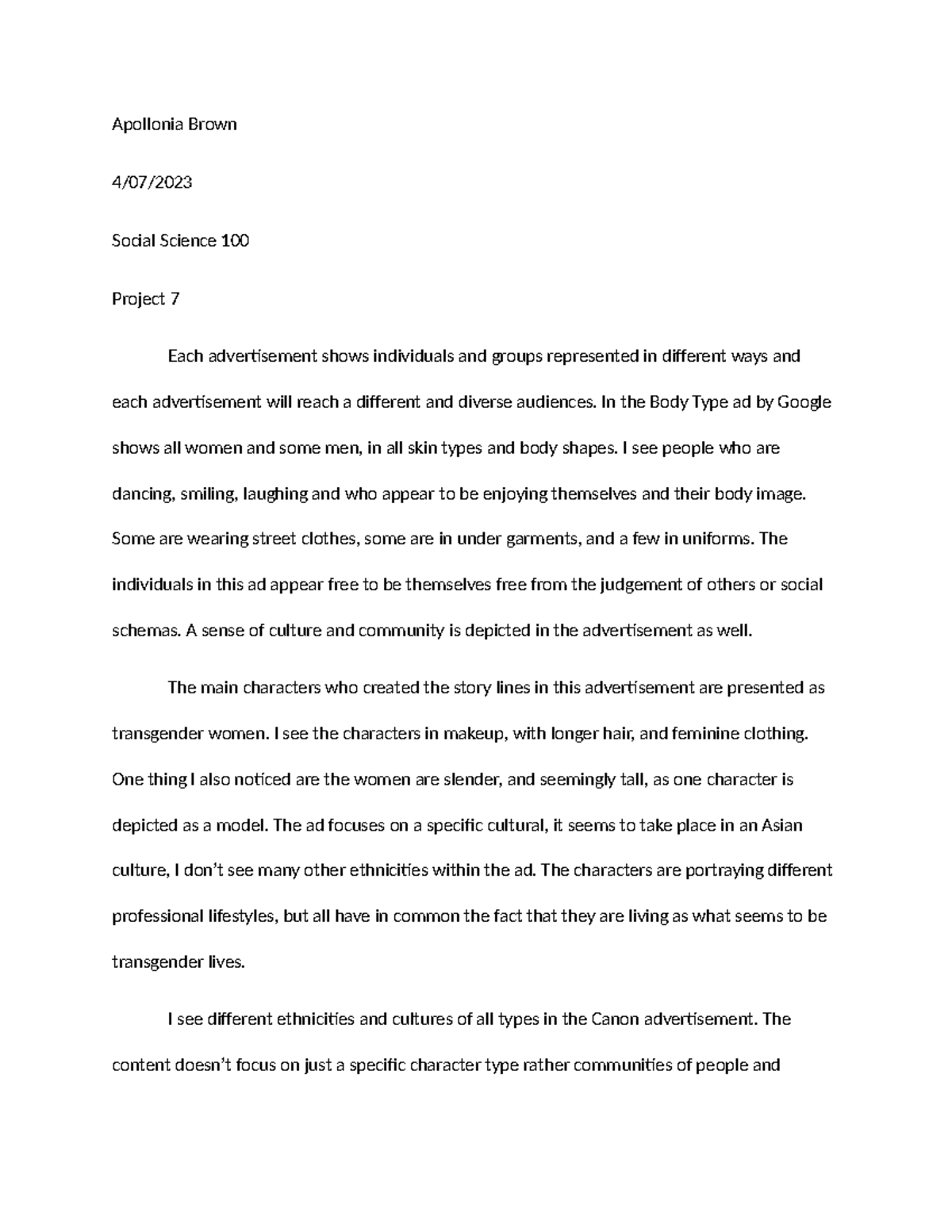 Project 7 social science - Apollonia Brown 4/07/ Social Science 100 ...