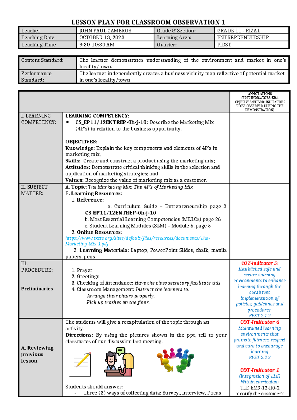 DLP CO1 2023-2024 - DLP - LESSON PLAN FOR CLASSROOM OBSERVATION 1 ...