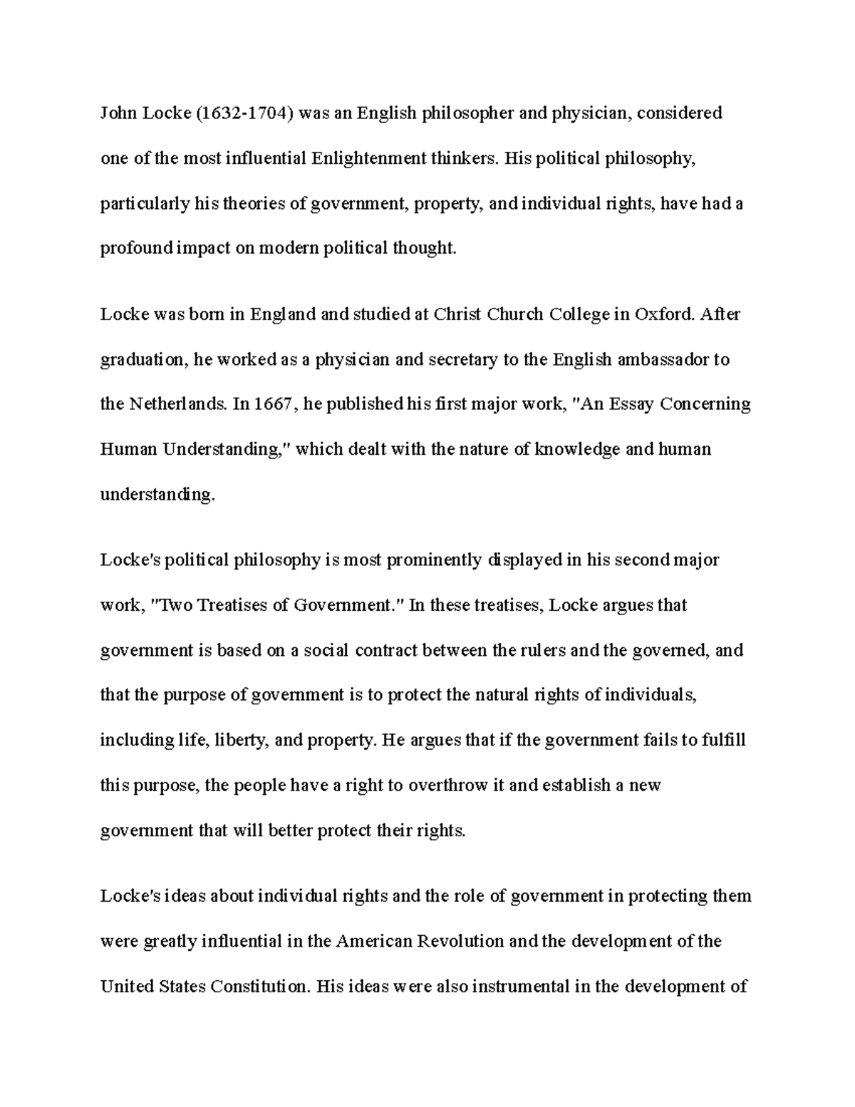 John Locke Notes - John Locke (1632-1704) was an English philosopher ...