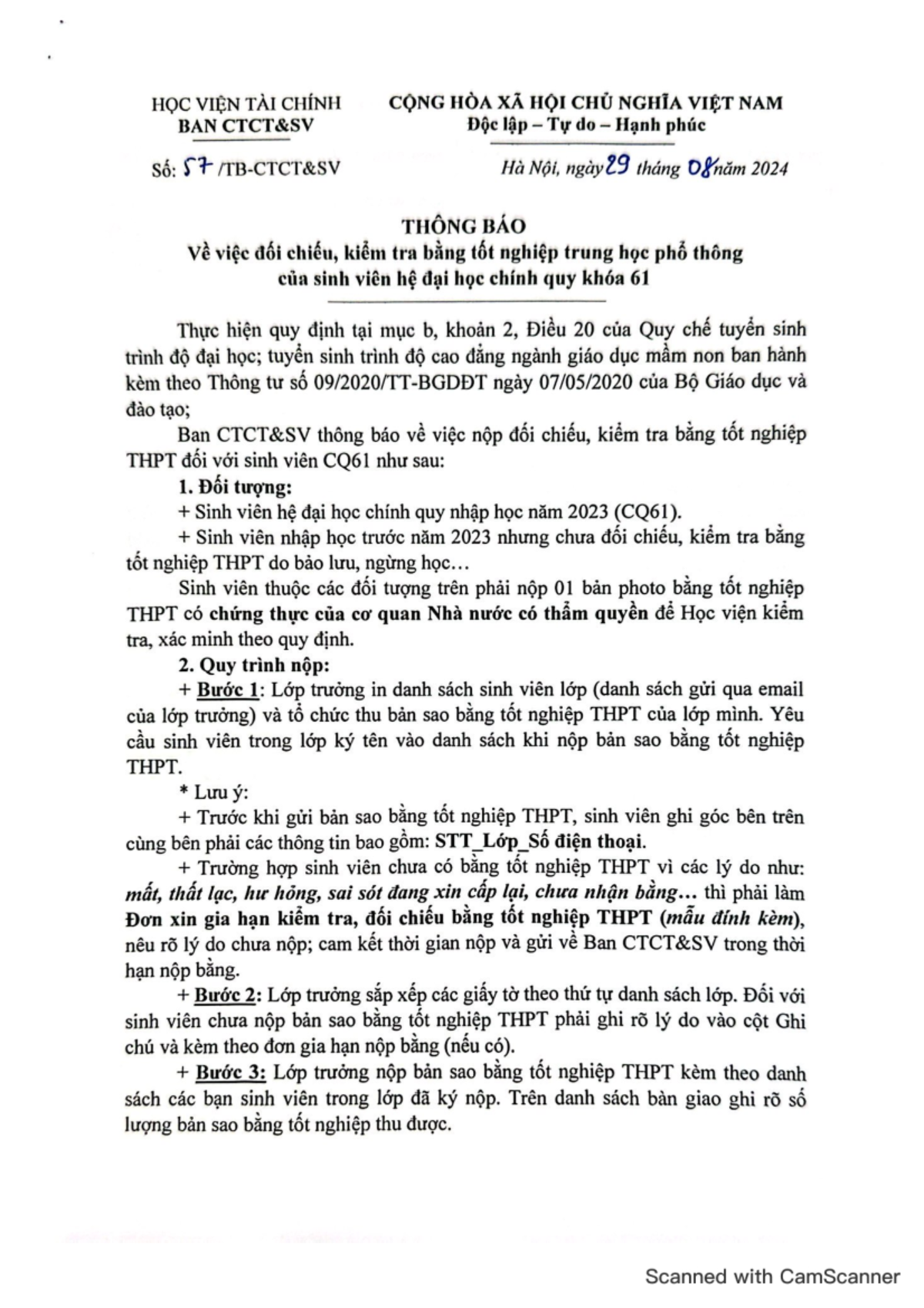 CV 57 Ctctc&SV 29.8.2024 vv đối chiếu, kiểm tra bằng tốt nghiệp THPT ...