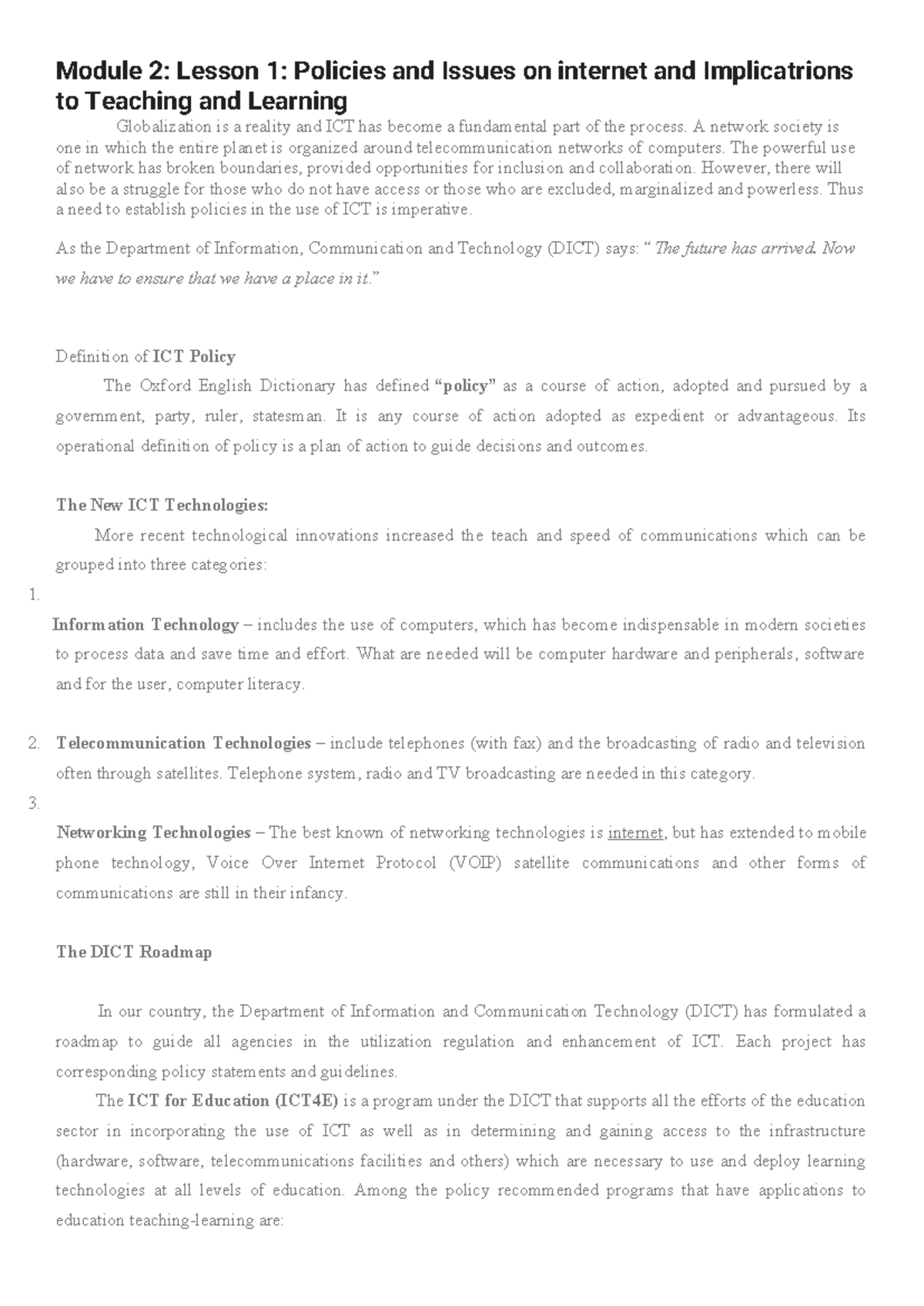 Lecture-Policy - Lectures - Module 2: Lesson 1: Policies and Issues on internet and ...