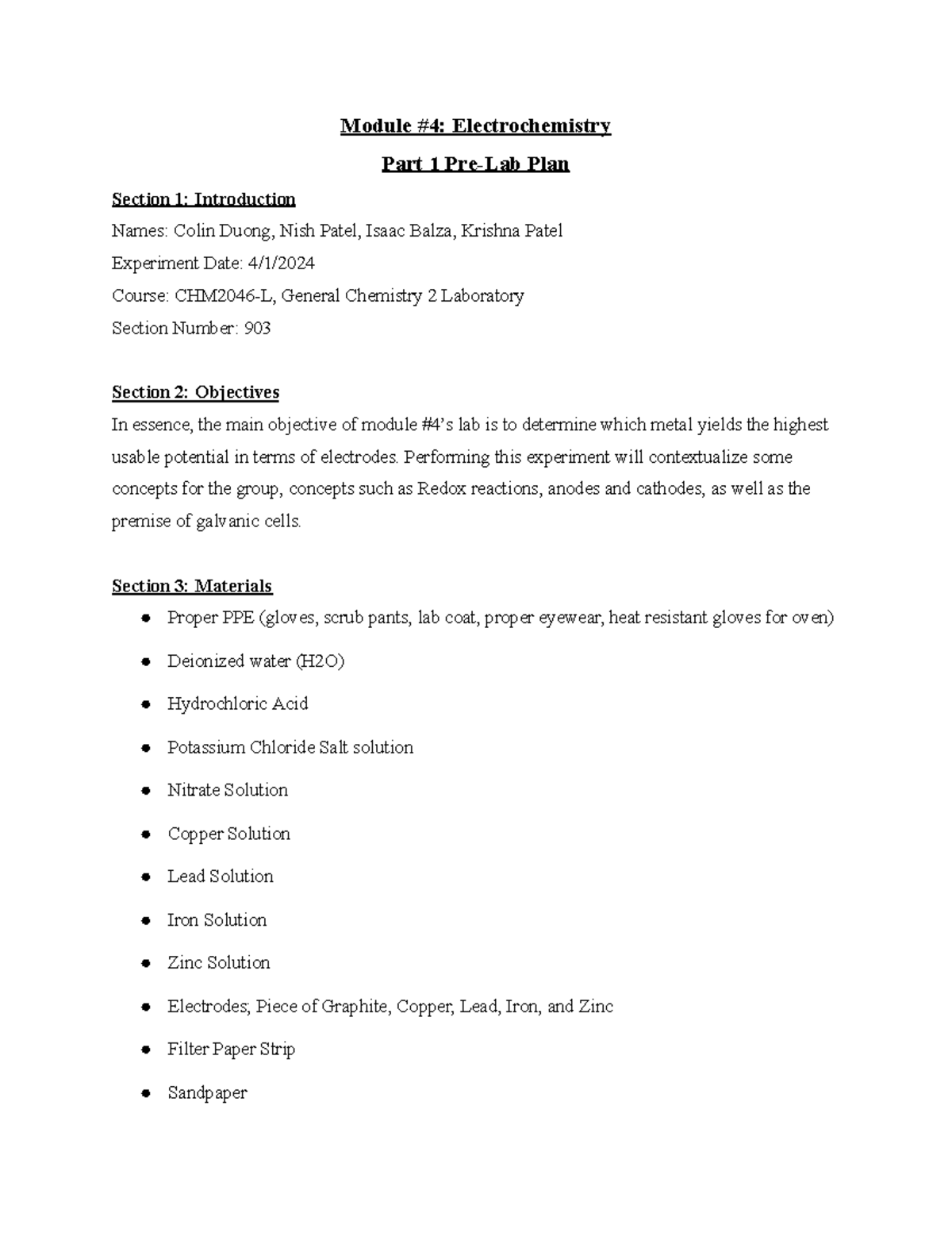 Module #4 Pre-Lab - Pre Lab - Module #4: Electrochemistry Part 1 Pre ...
