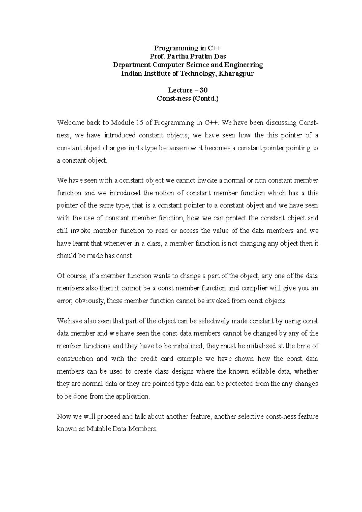 Lec 30 Module 15 Const Ness Contd Lecture 30 Programming In C Prof Partha Pratim Das