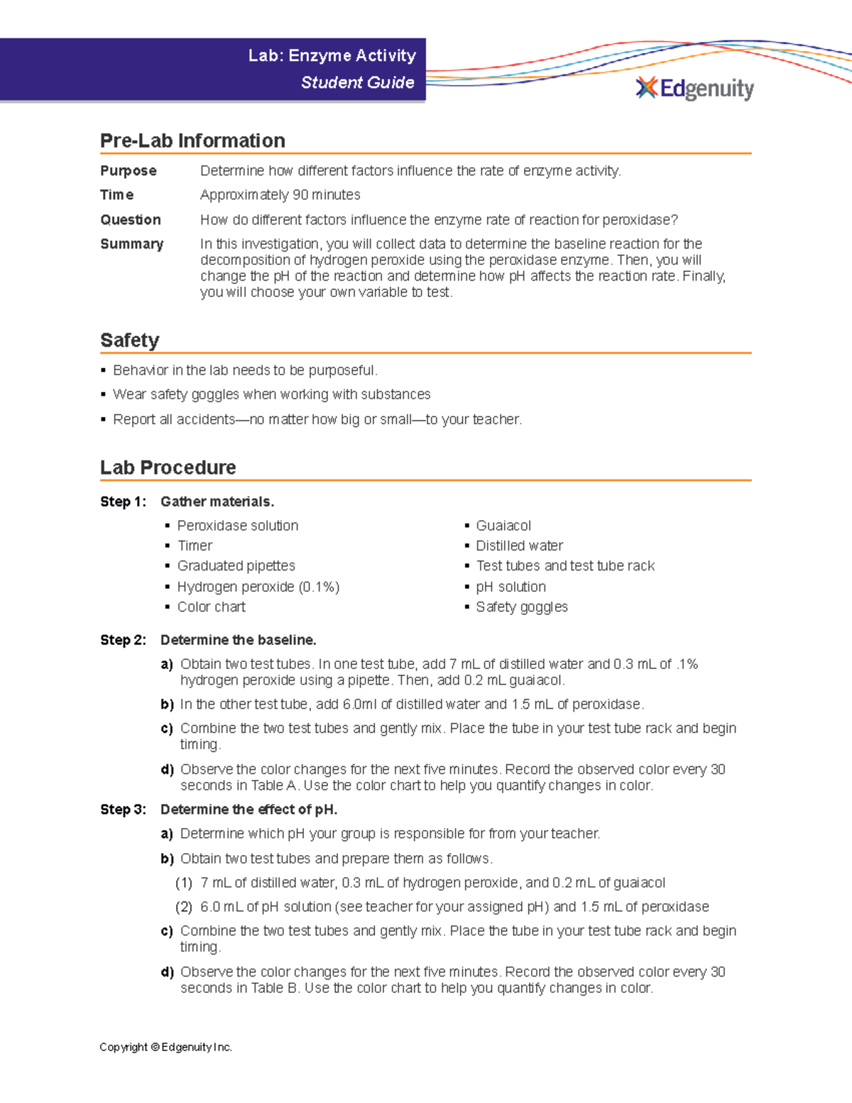Ap biology-enzyme activity-wet lab-student guide - Pre-Lab Information Purpose Determine how ...