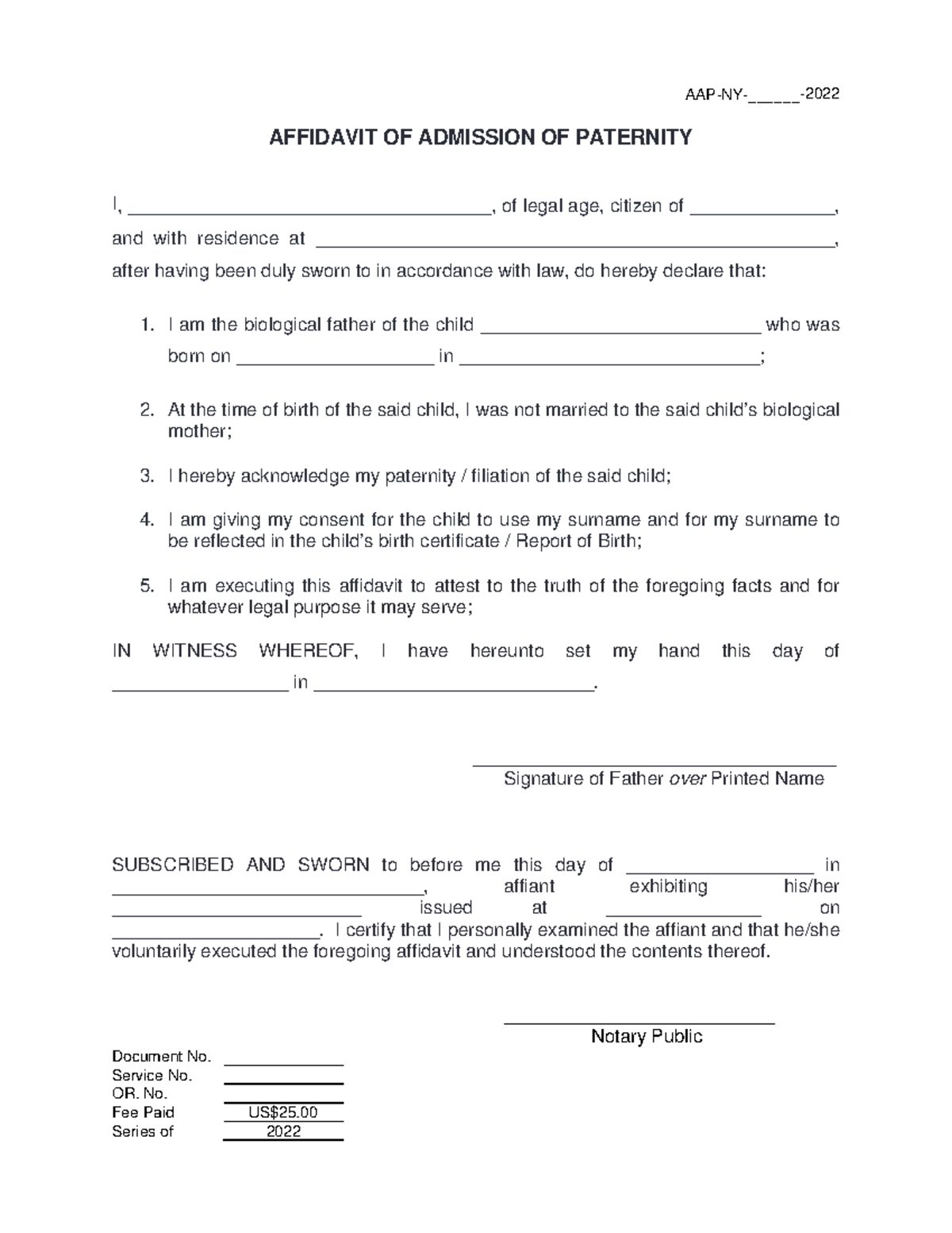 Affidavit of Admission of Paternity - AAP-NY-______- AFFIDAVIT OF ADMISSION OF PATERNITY I ...
