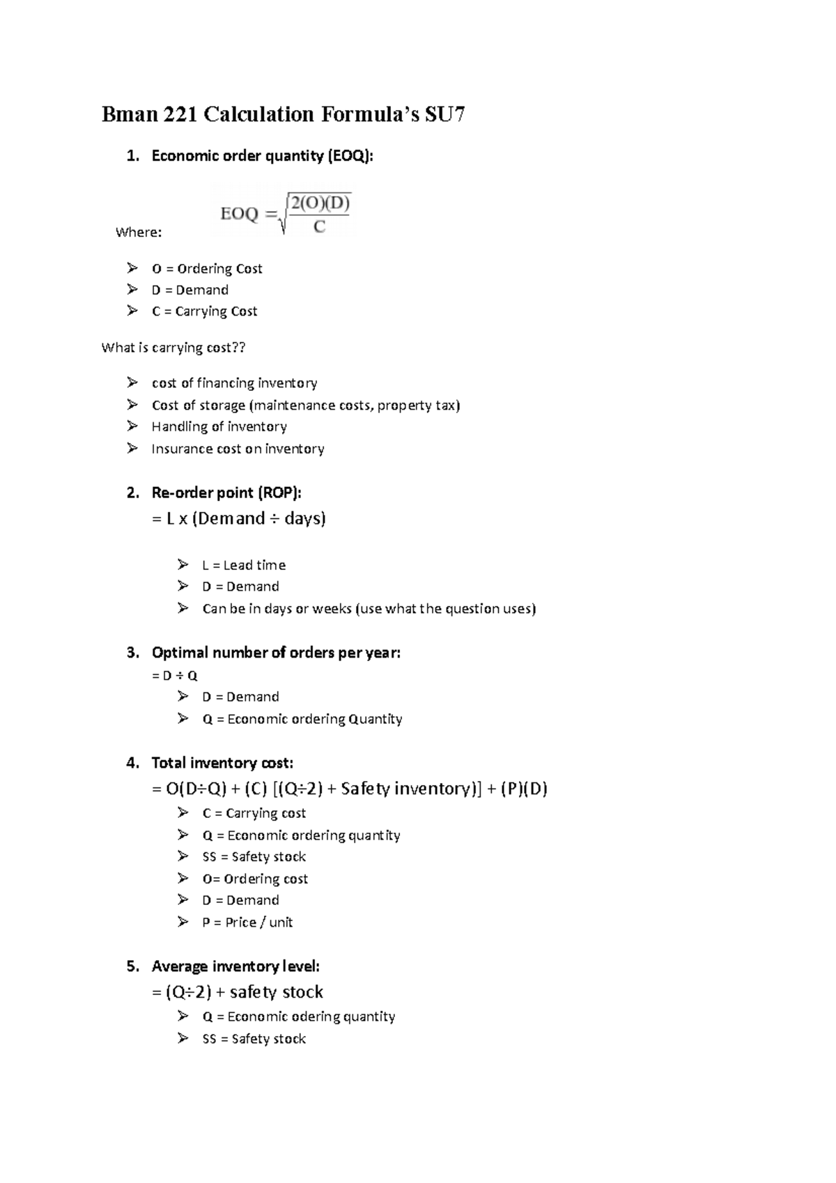 BMAN221 SU7 Calculation Steps - Bman 221 Calculation Formula’s SU 1 ...