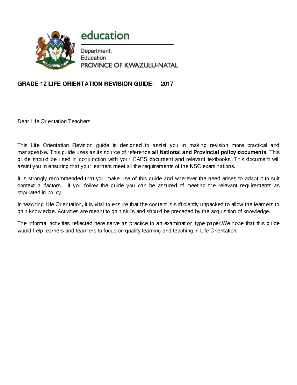 KZN LO Revison Booklet - GRADE 12 LIFE ORIENTATION REVISION GUIDE: 2017 ...