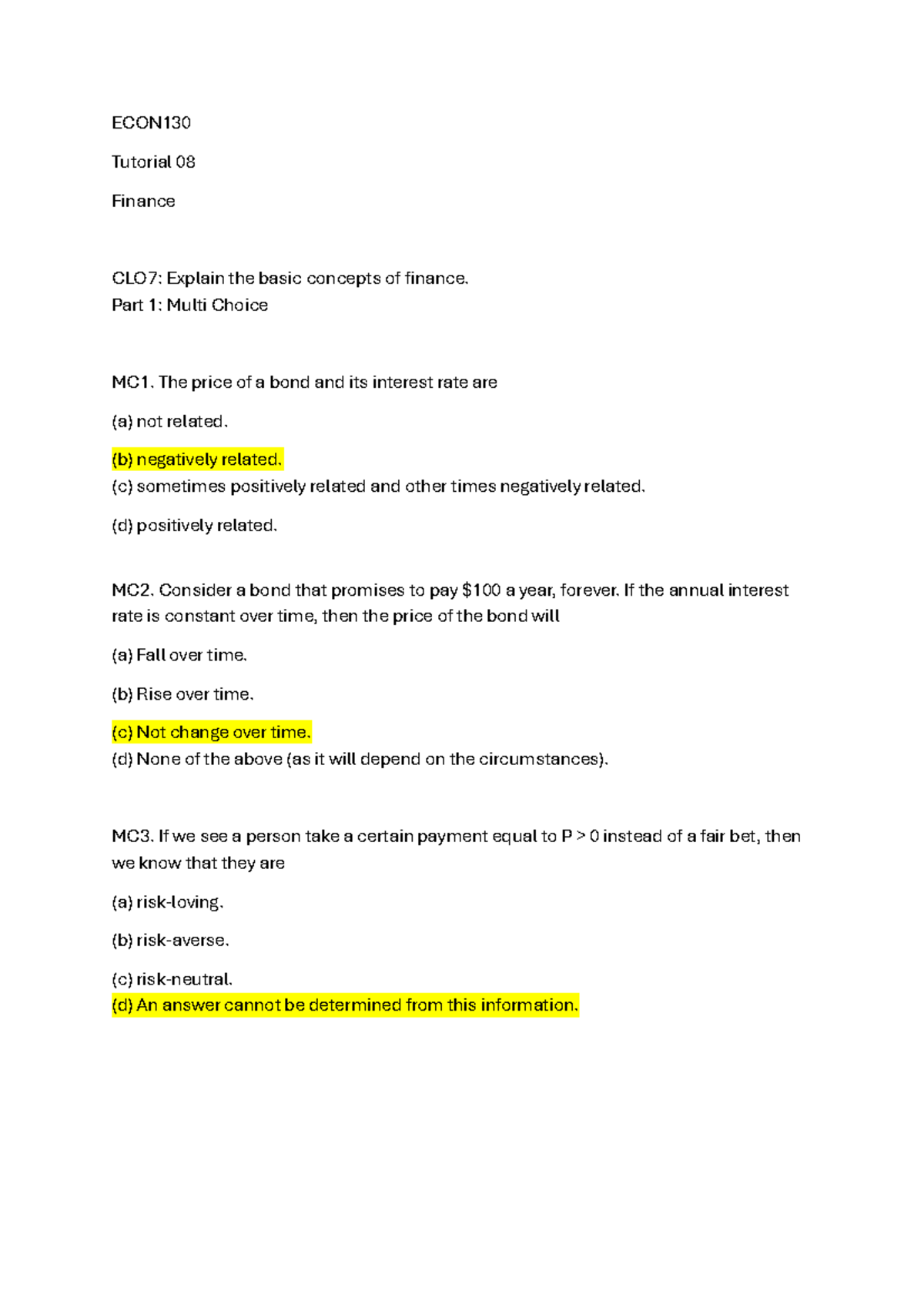 ECON130TUT8 - Tutorial Work - ECON Tutorial 08 Finance CLO7: Explain ...
