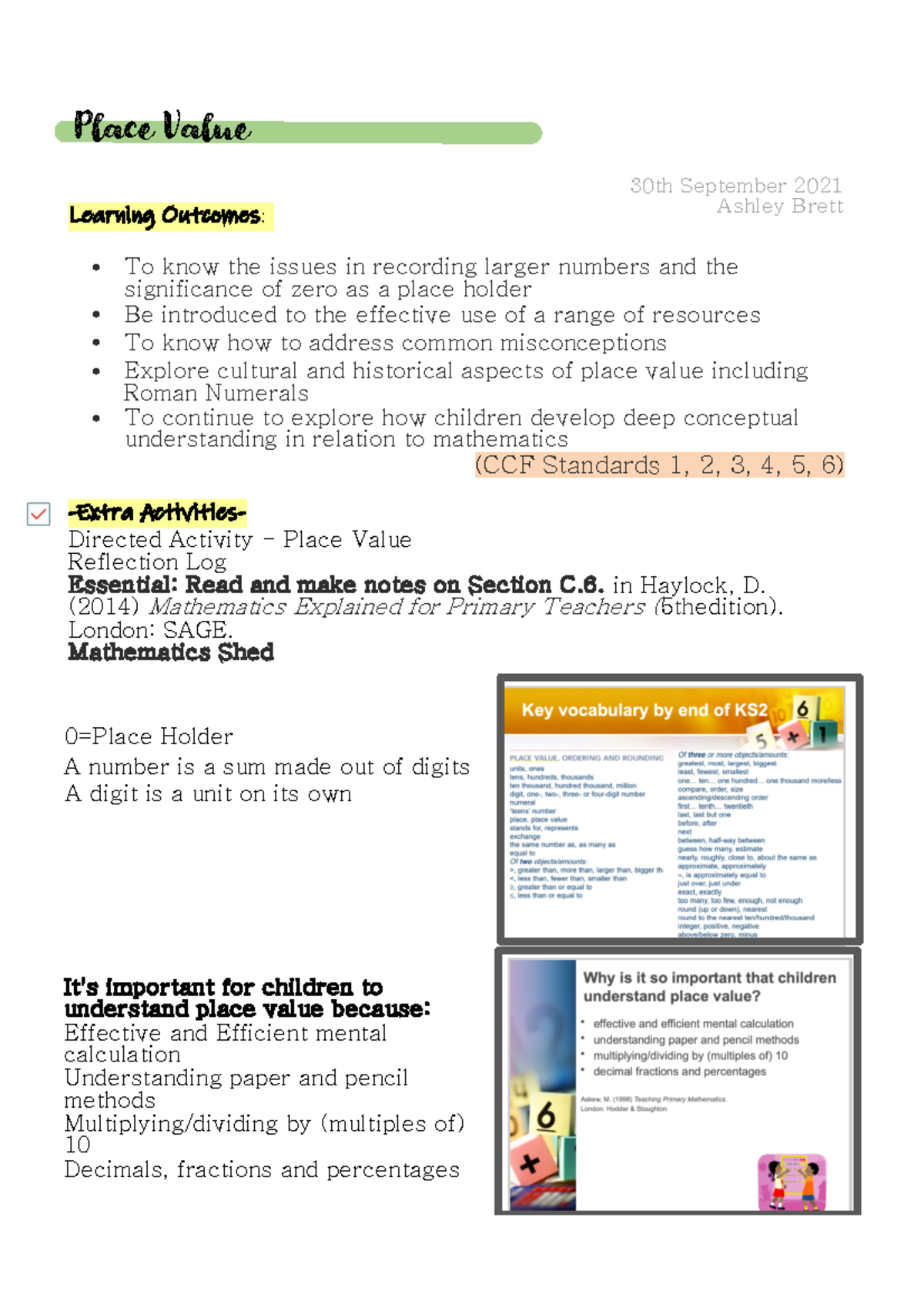 2. Place Value - Lecture notes 2 - 30th September 2021 Ashley Brett 0 ...