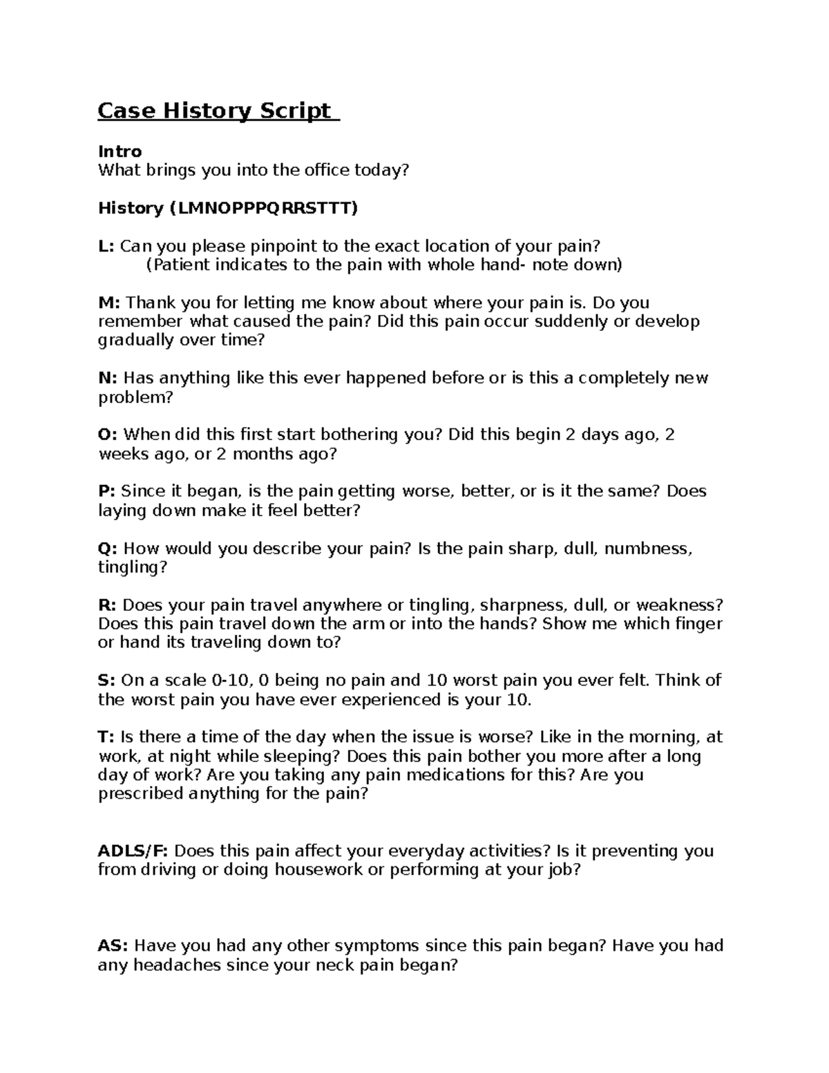 Case History Script - Case History Script Intro What brings you into ...