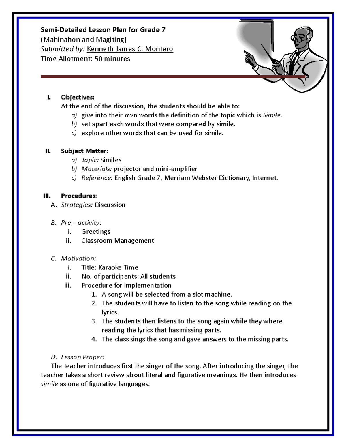 2016 Lesson Plan - Semi-Detailed Lesson Plan for Grade 7 (Mahinahon and ...