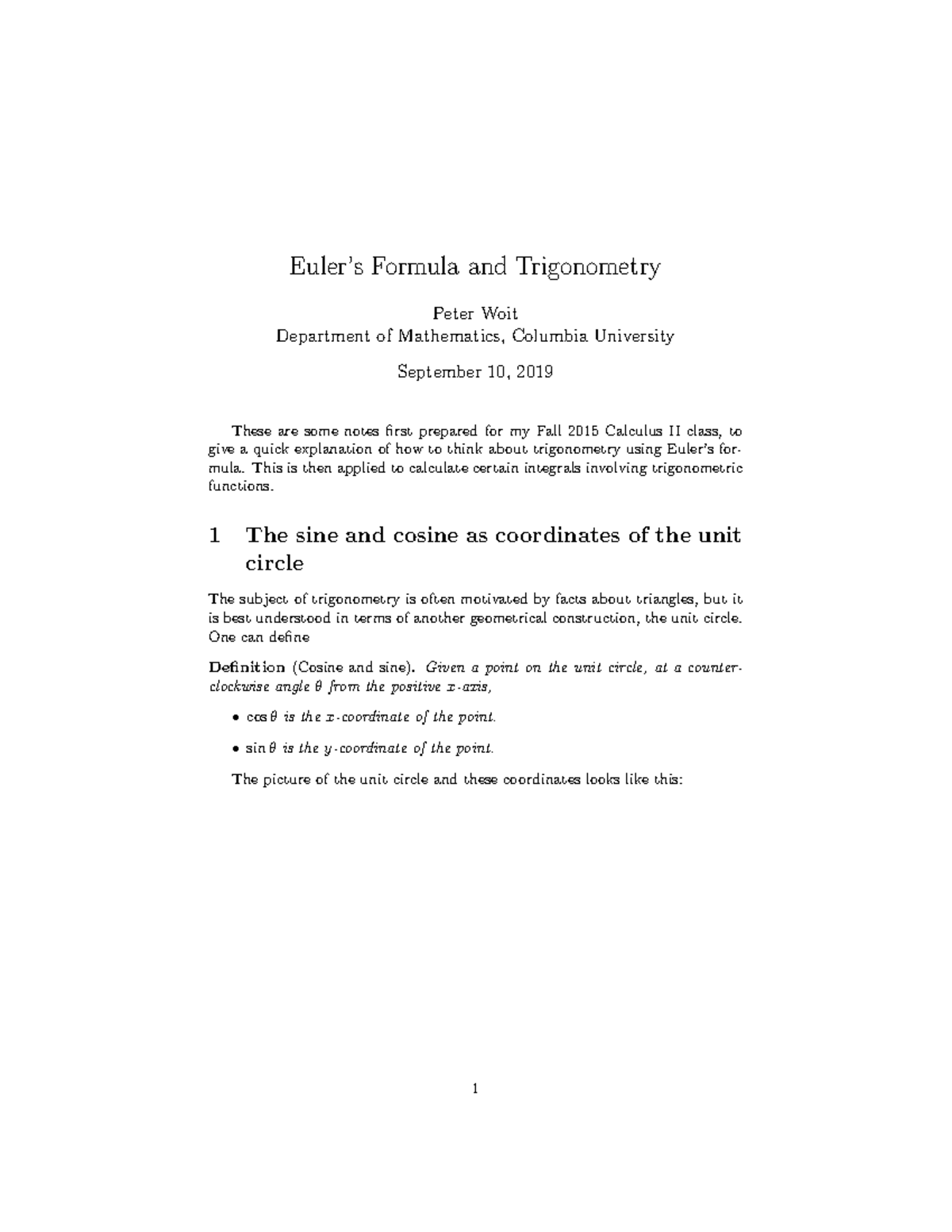 12. Eulers Formula and Trigonometry Author Peter Woit - Euler’s Formula ...