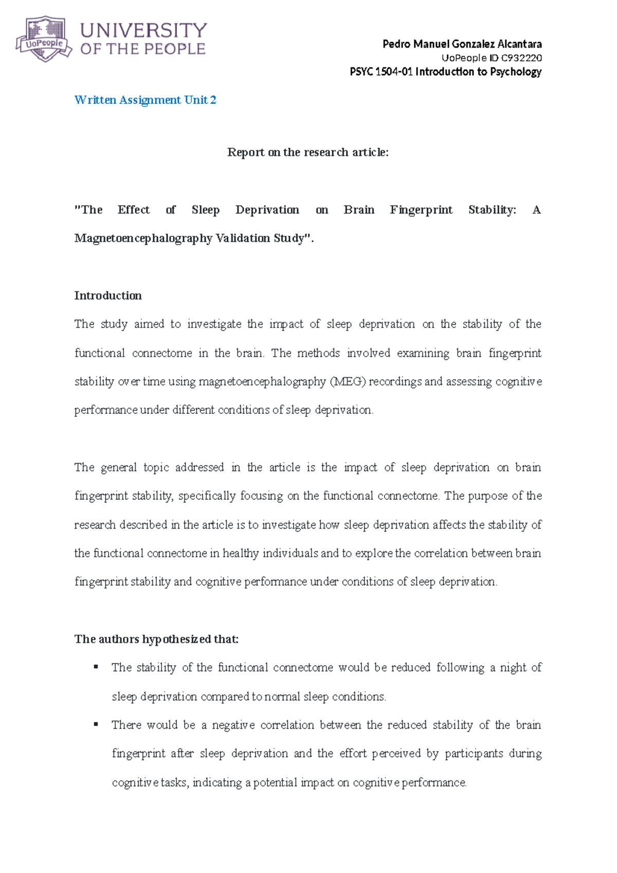 Written Assignment Unit 2 - UoPeople ID C PSYC 1504-01 Introduction to Psychology Written ...