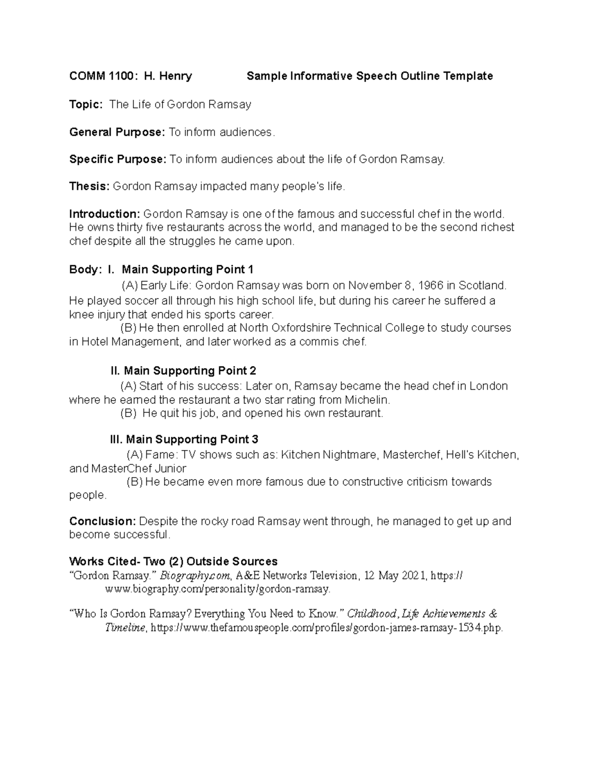 COMM 1100 Online Informative Speech Outline Template - COMM 1100: H ...