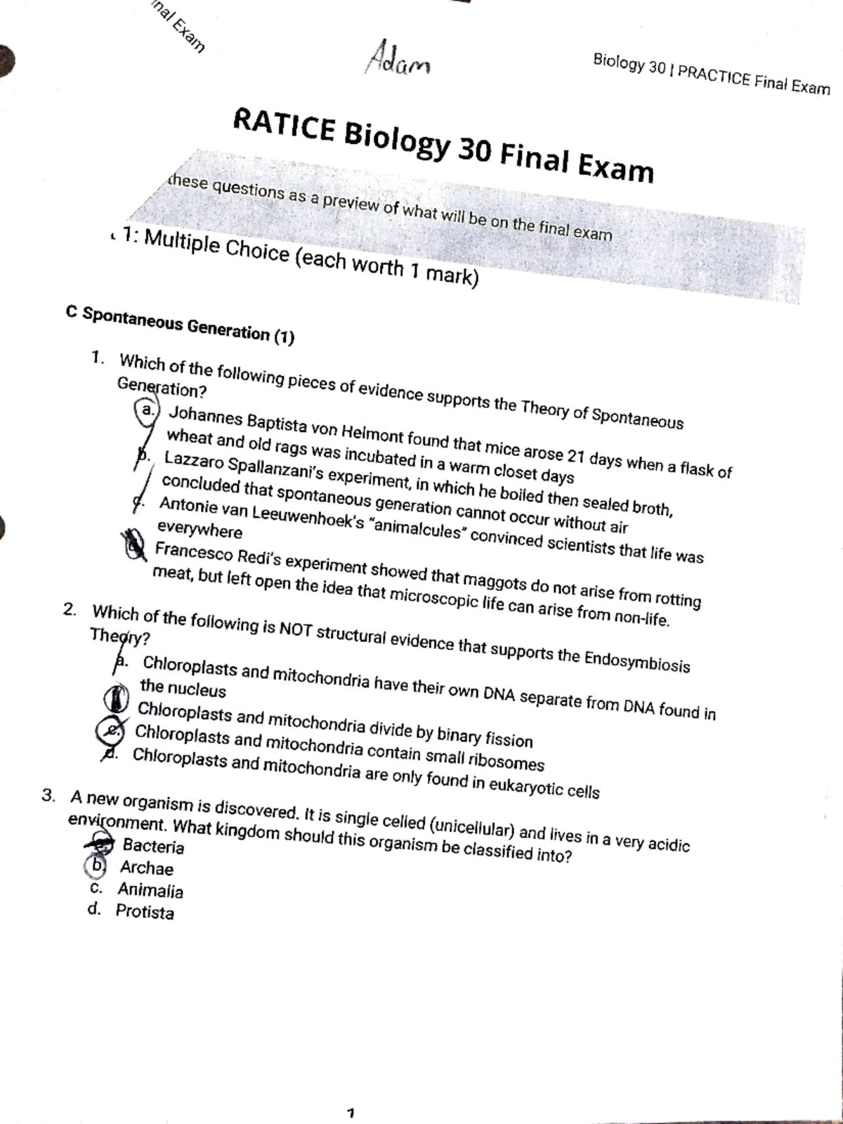 Bio 30 Practice Final Exam Biology 30 I PRACTICE Final Exam AATICE