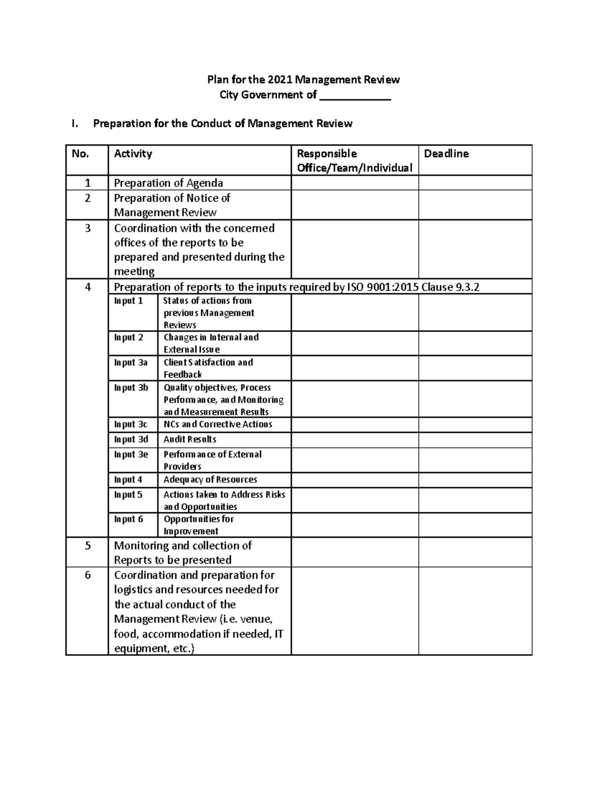 Sample Plan for the 2021 Management Review - Plan for the 2021 ...