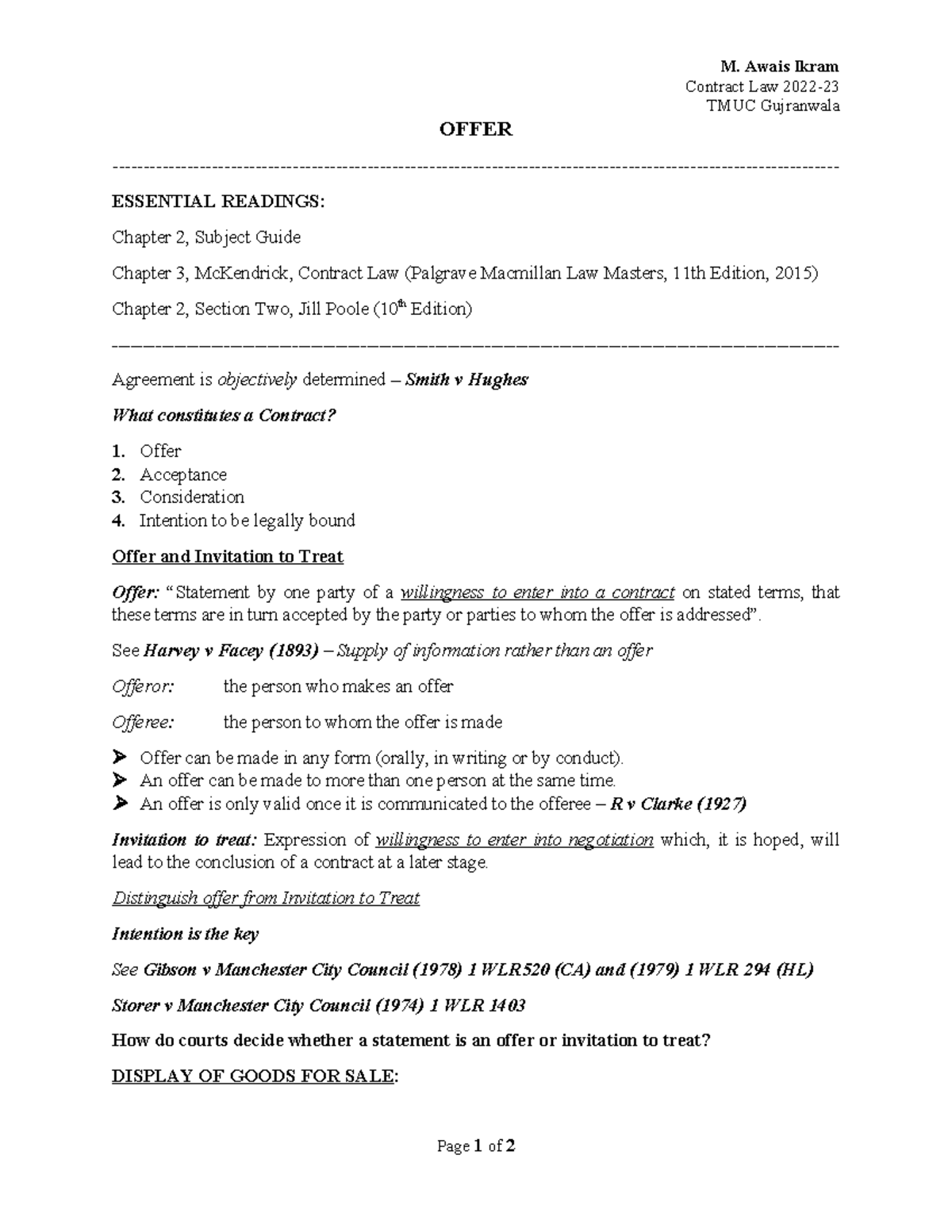 Offer - Lecture handout - M. Awais Ikram Contract Law 2022- TMUC ...