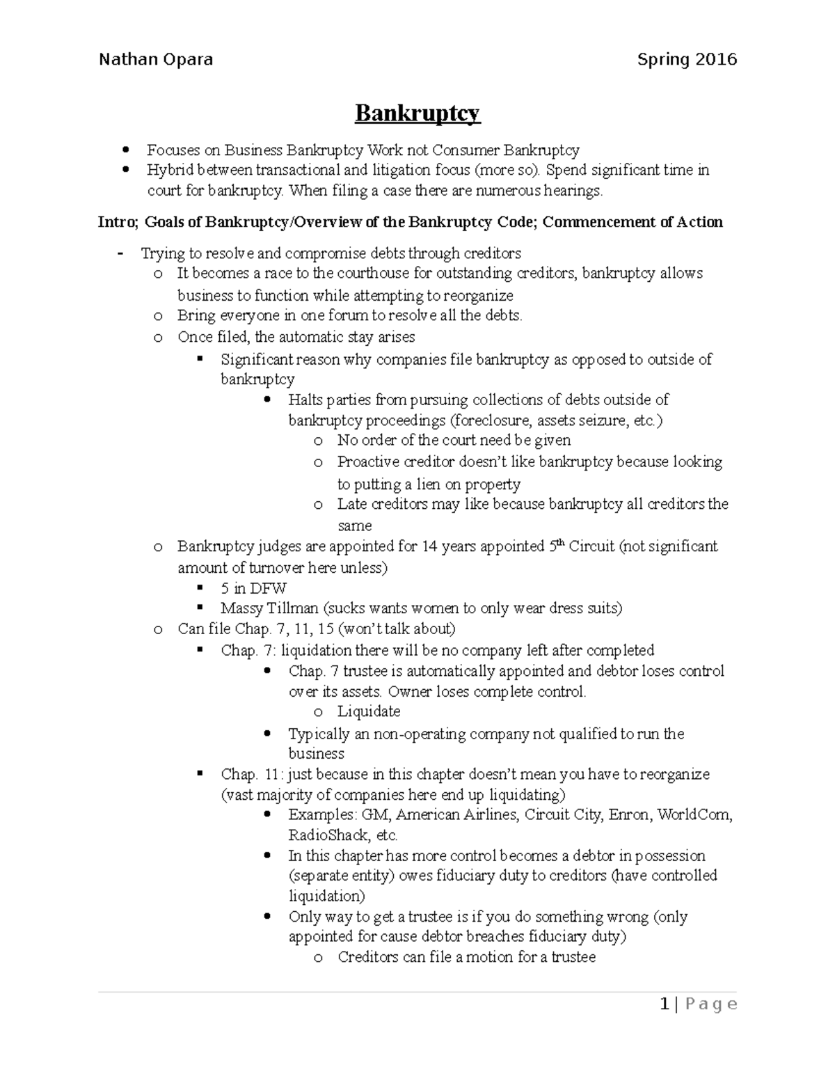Bankruptcy Outline - Bankruptcy Focuses on Business Bankruptcy Work not ...