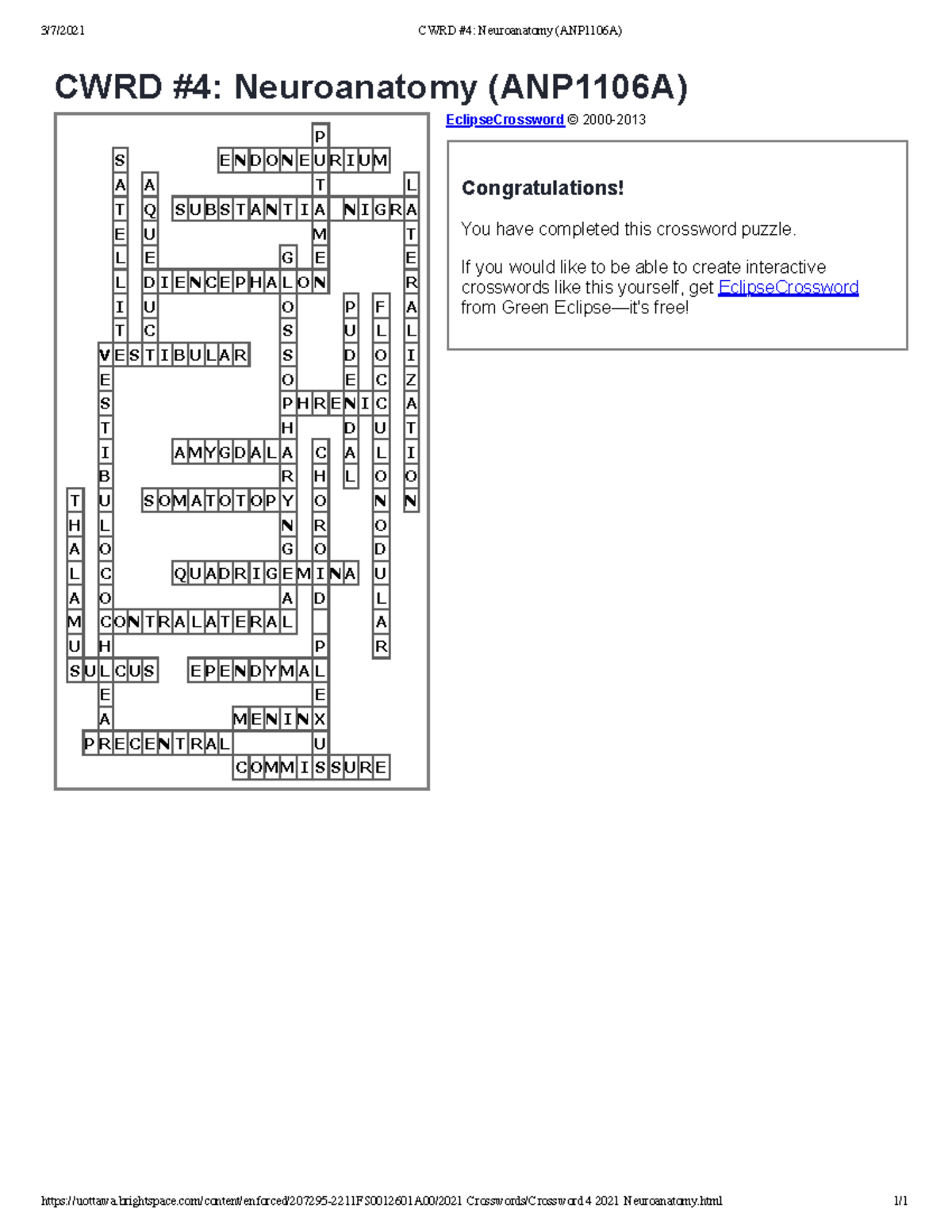 CWRD #4 Neuroanatomy (ANP1106 A) - 3/7/2021 CWRD #4: Neuroanatomy ...