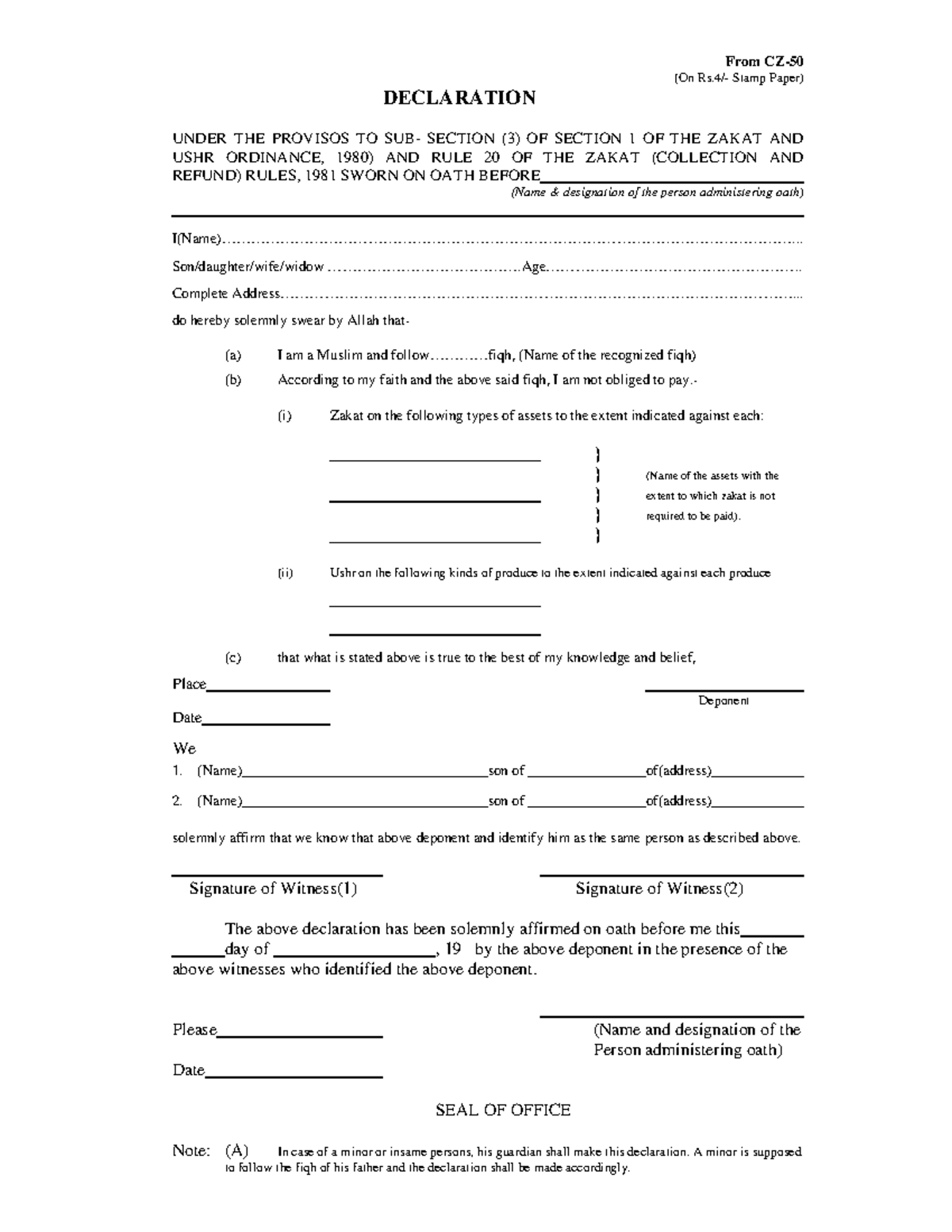 CZ-50 - issue - From CZ- (On Rs/- Stamp Paper) DECLARATION UNDER THE ...