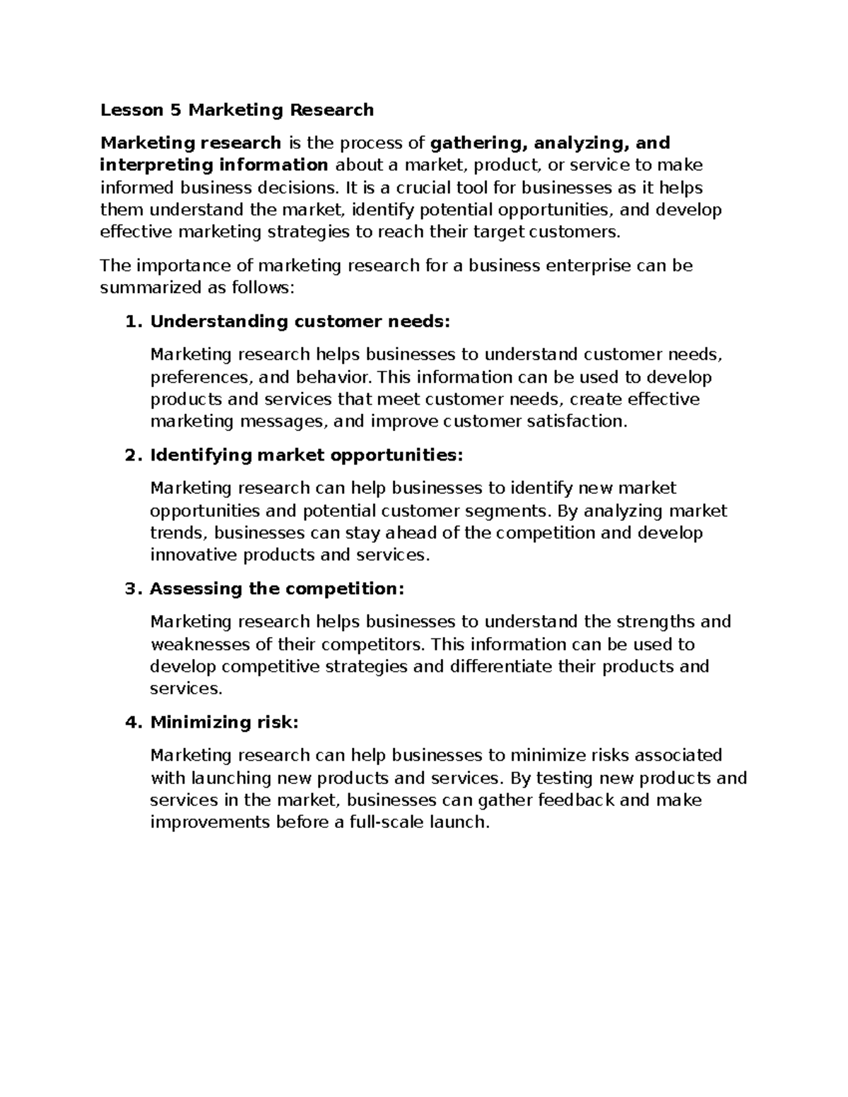 Lesson 5 Marketing Research - Lesson 5 Marketing Research Marketing ...