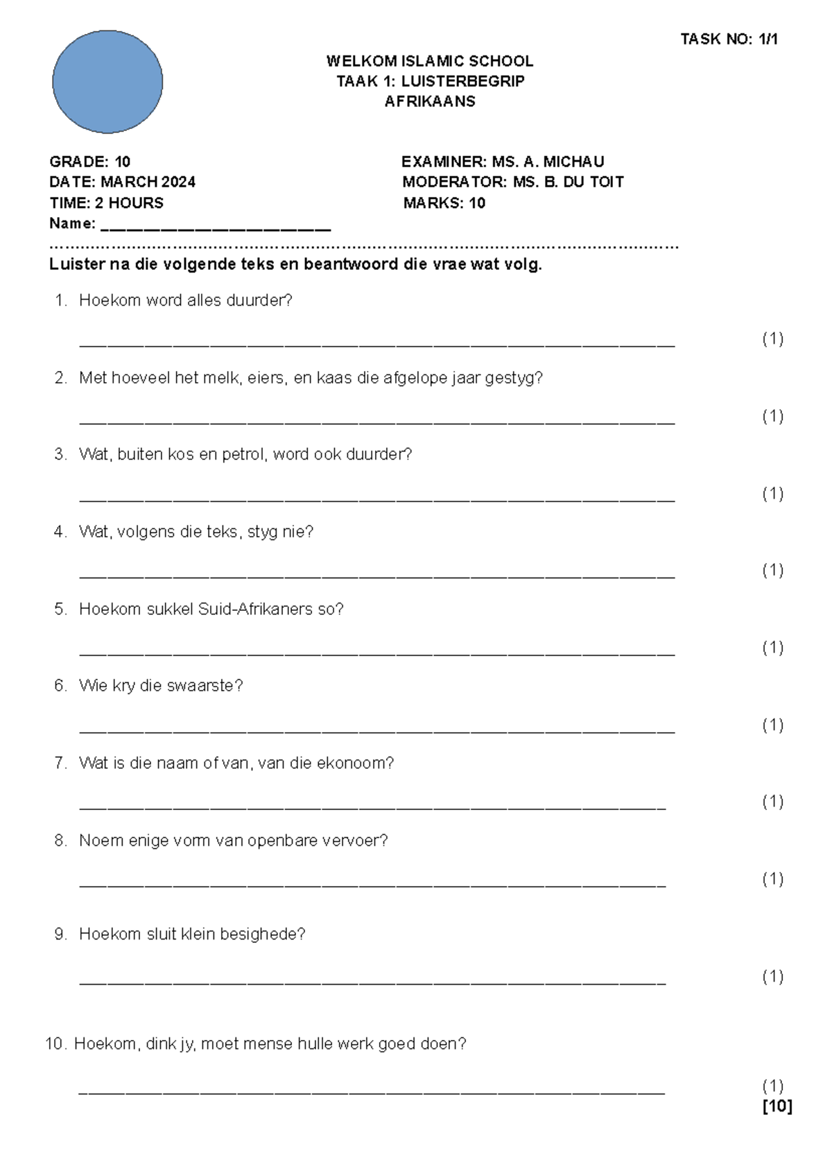 Taak 1-Leesbegrip - Leesbegrip vir graad 10 kwartaal 1 - TASK NO: 1 ...