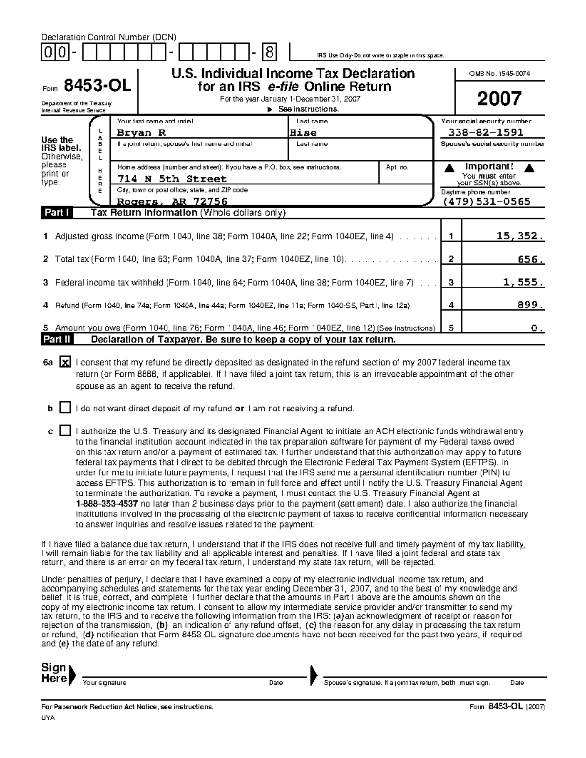 Bryan's 2007 Federal Electronic filing - Declaration Control Number ...