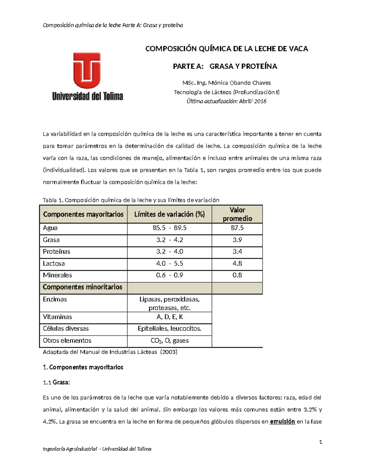 Composici N QU MICA DE LA Leche DE VACA d - COMPOSICIÓN QUÍMICA DE LA ...