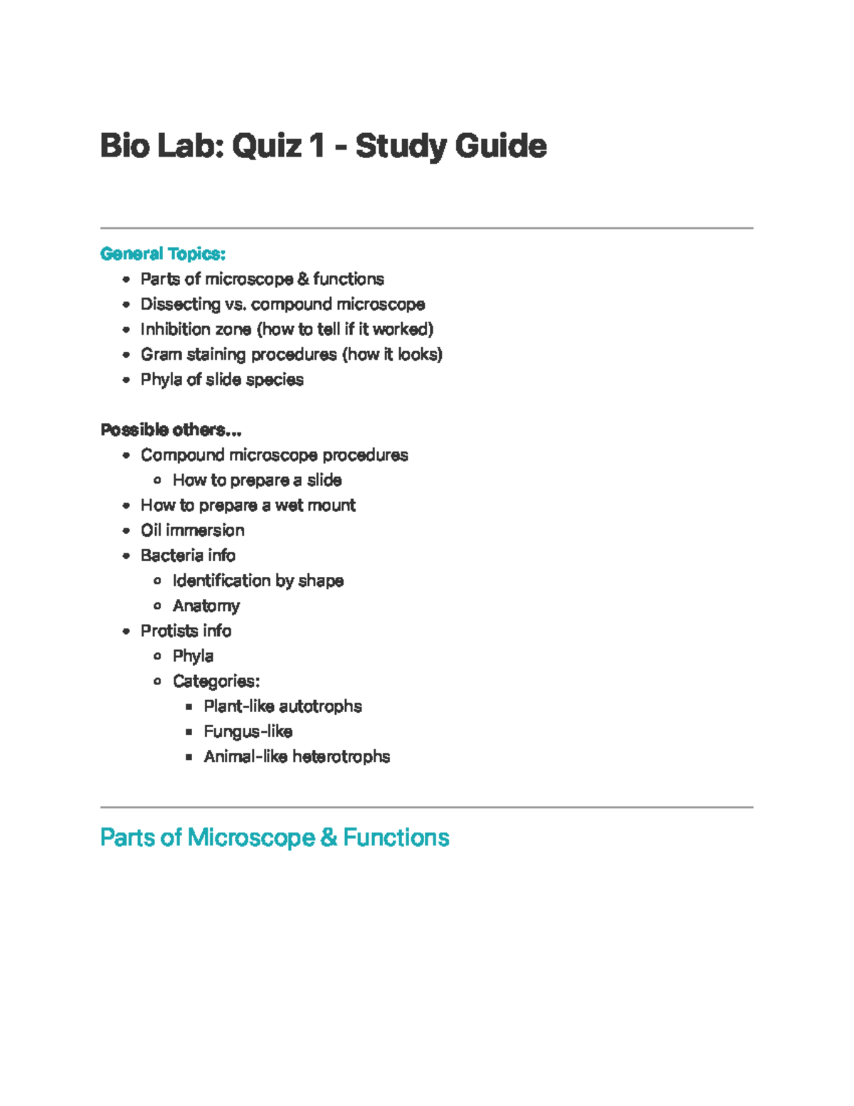 Bio Lab Quiz 1 - Study Guide - Bio Lab: Quiz 1 - Study Guide General ...