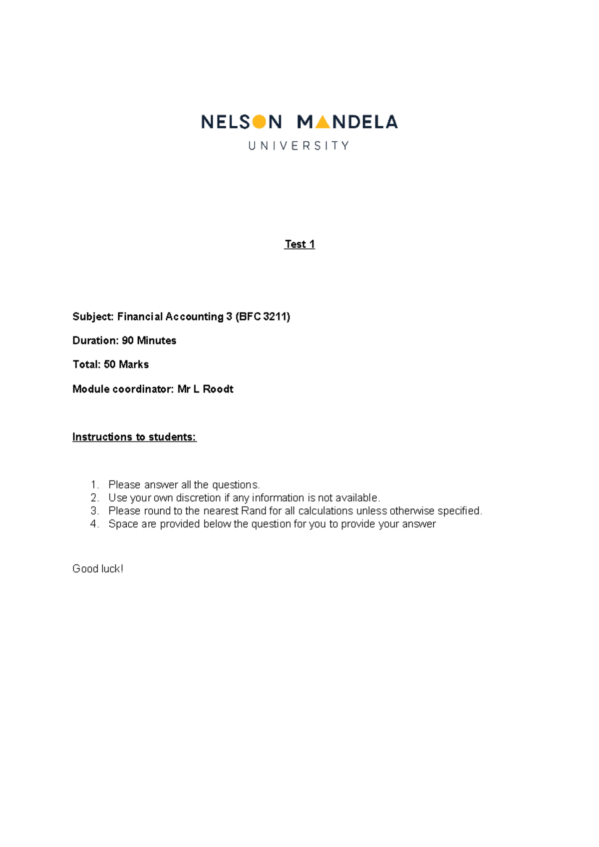 Test 1 - Diploma in Accounting - Test 1 Subject: Financial Accounting 3 ...