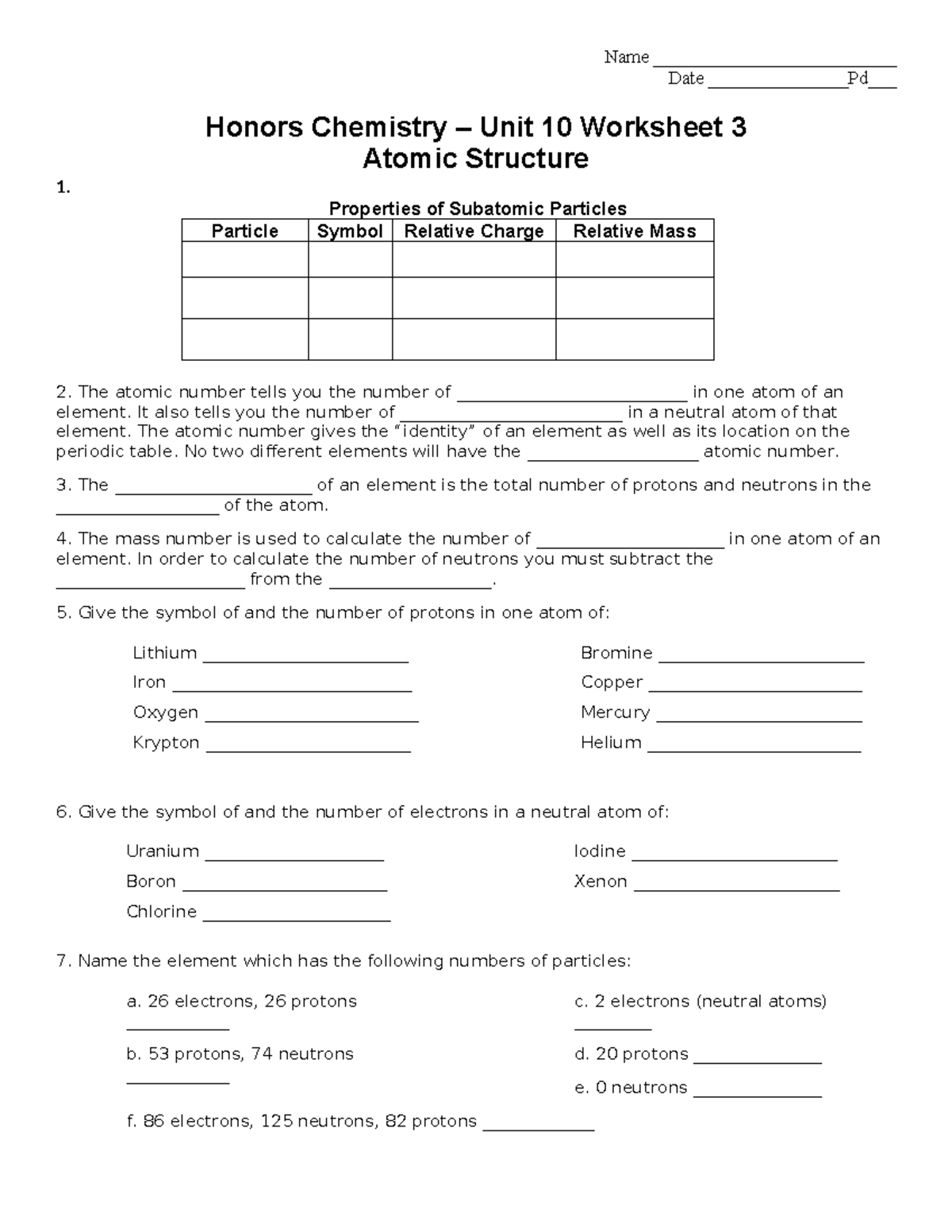 04 U10 hon ws 3 atomic structure and pne - Name ...