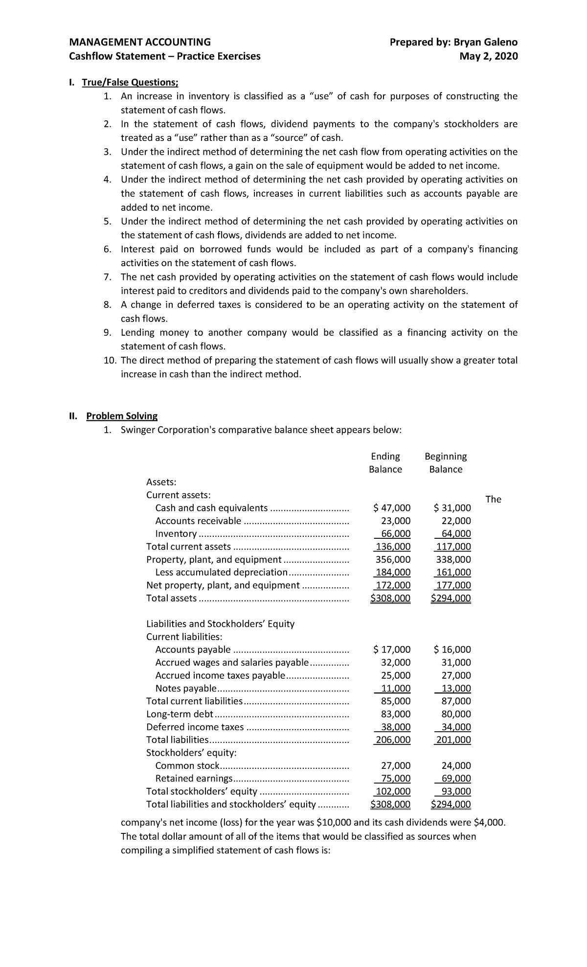 Cash Flow-Practice-Exercises - MANAGEMENT ACCOUNTING Prepared by: Bryan ...