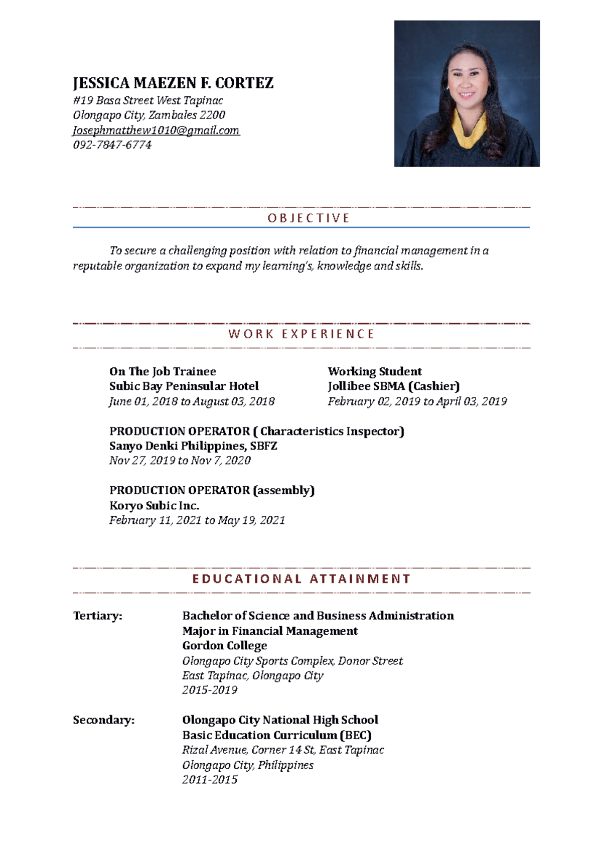 Jessica- Resumeeeee- updated - JESSICA MAEZEN F. CORTEZ #19 Basa Street ...