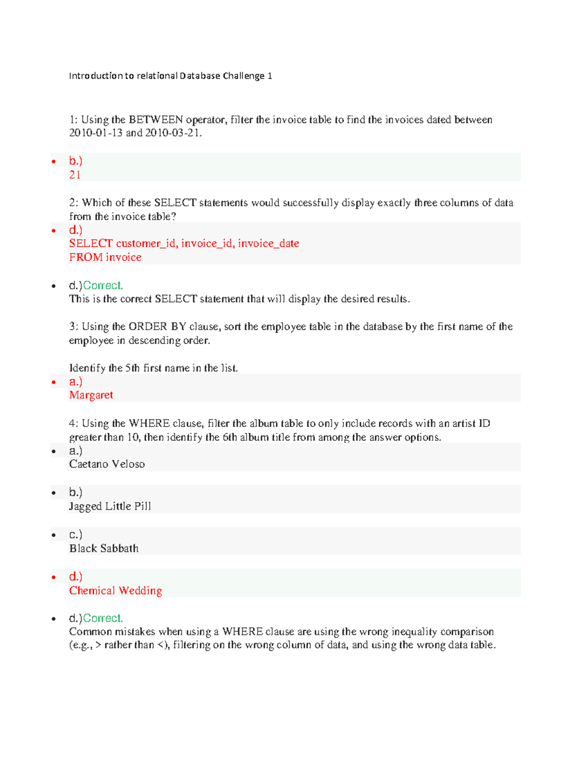 Introduction To Relational Database Challenge 1 B 21 2 Which Of These Select Statements
