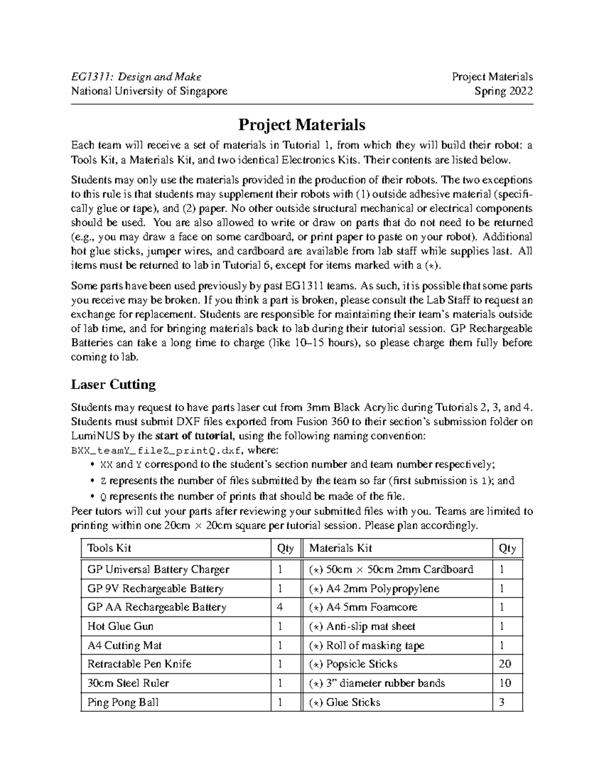 Project Materials - EG1311: Design and Make Project Materials National ...