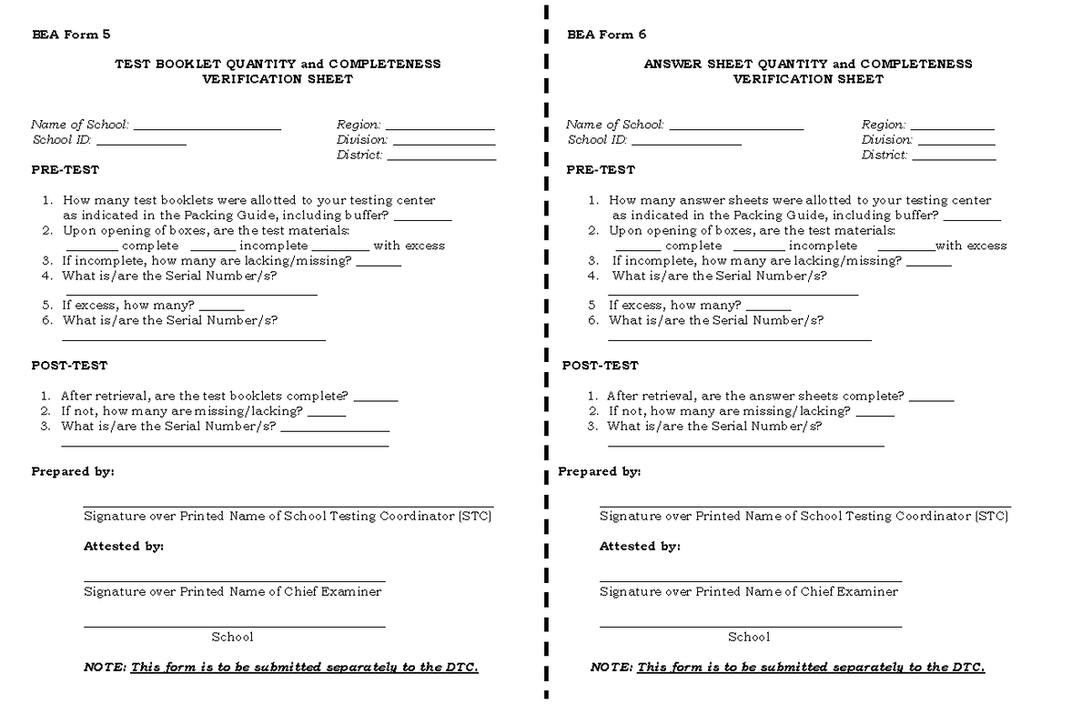 Form 5 and 6 - FFGDSWESDF - BEA Form 5 TEST BOOKLET QUANTITY and ...