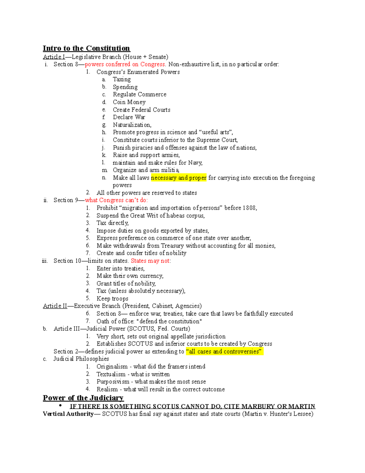 Con. Law Outline - Intro to the Constitution Article I—Legislative ...