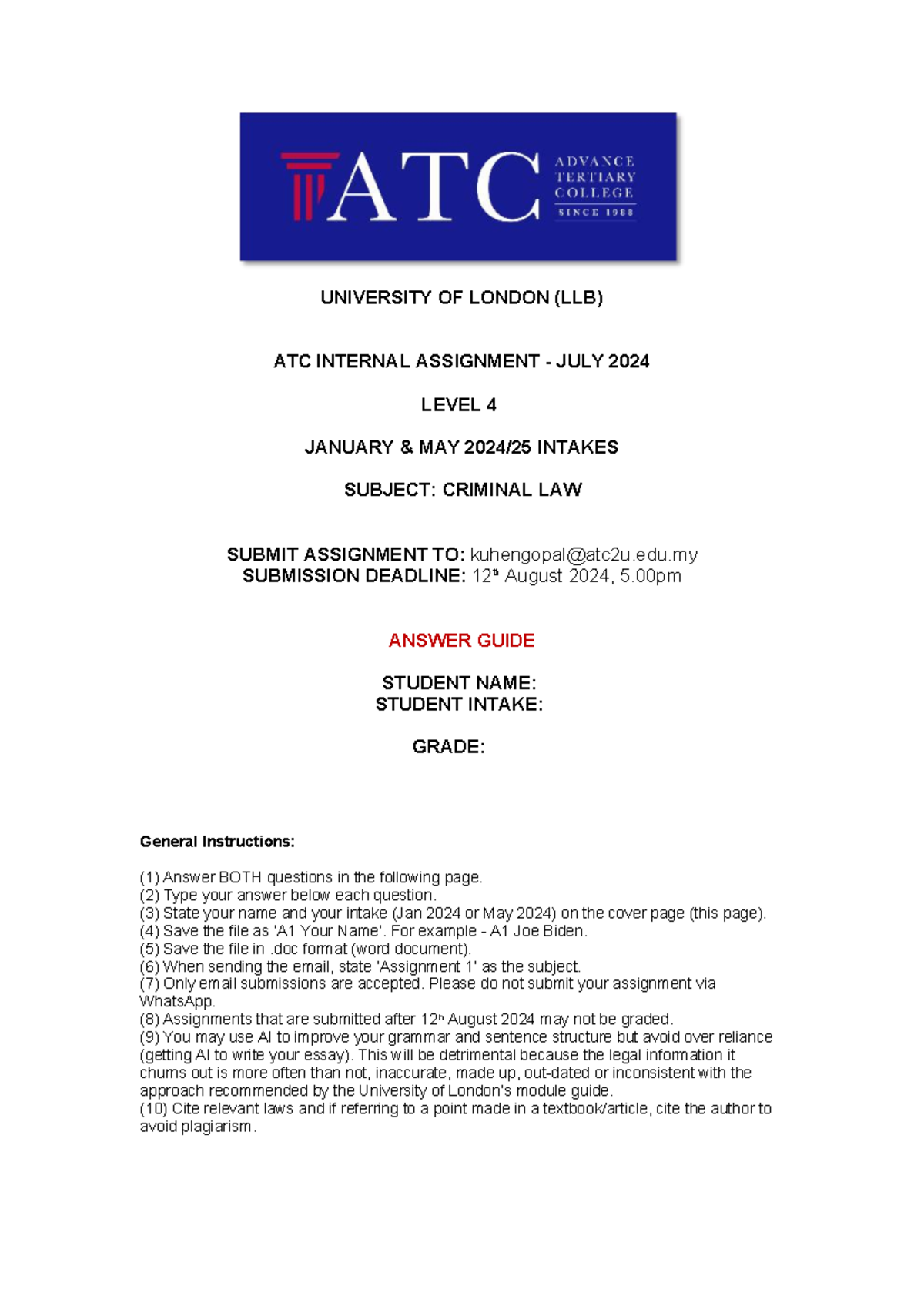 Assignment 1 (evening class) - UNIVERSITY OF LONDON (LLB) ATC INTERNAL ASSIGNMENT - JULY 2024 ...